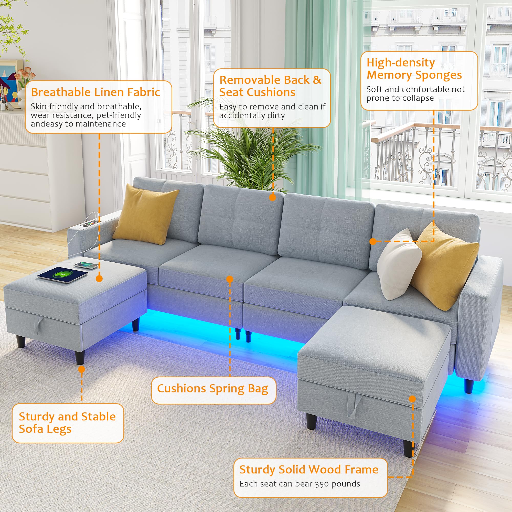 SKKTKT LED Sectional Couches for Living Room, Modular Sectional Sofa Set with Storage Ottomans, Oversized U Shaped Sofa Couch with Auto Sensor RGB Lights and Charging Station (Light Grey)
