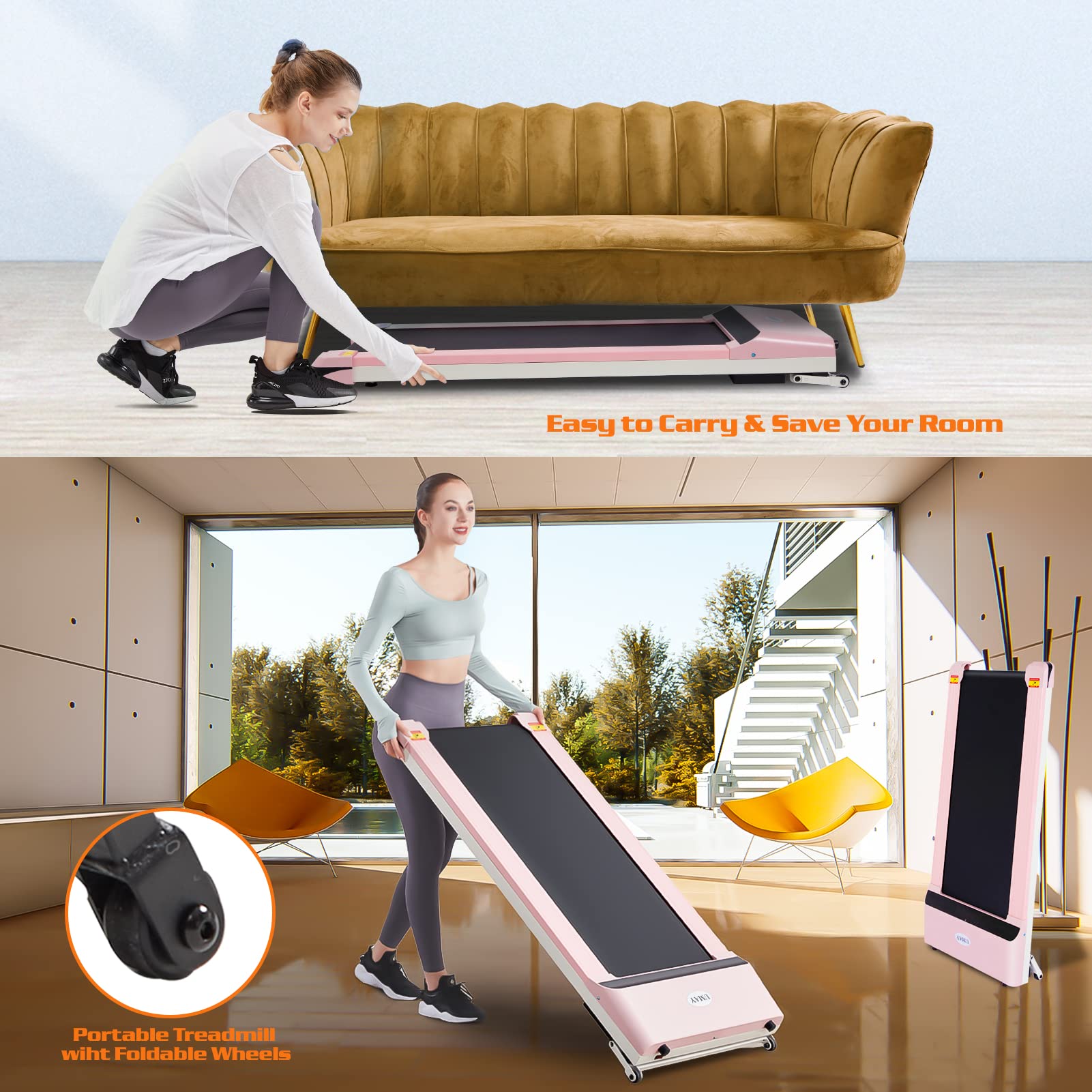 Ampela Portable Treadmill Under Desk Walking Pad Flat with LED Display & Sport APP, Running Machine for Apartment and Small Space Without Assembling(Pink)