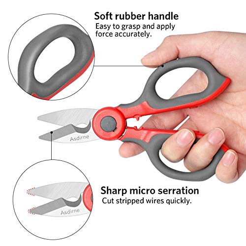 Asdirne 2 Pack Electrician Scissors, Heavy Duty Stainless Steel Sharp Blades and Soft Rubber Grip, Electrician Shears with Protective Cover, 6.1 Inch (Gray/Red)
