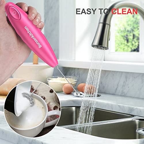 Bonsenkitchen Milk Frother Handheld, Automatic Milk Foam Maker Hand Frother for Coffee, Matcha, Hot Chocolate, Battery Operated Mini Drink Mixer-Hot Pink
