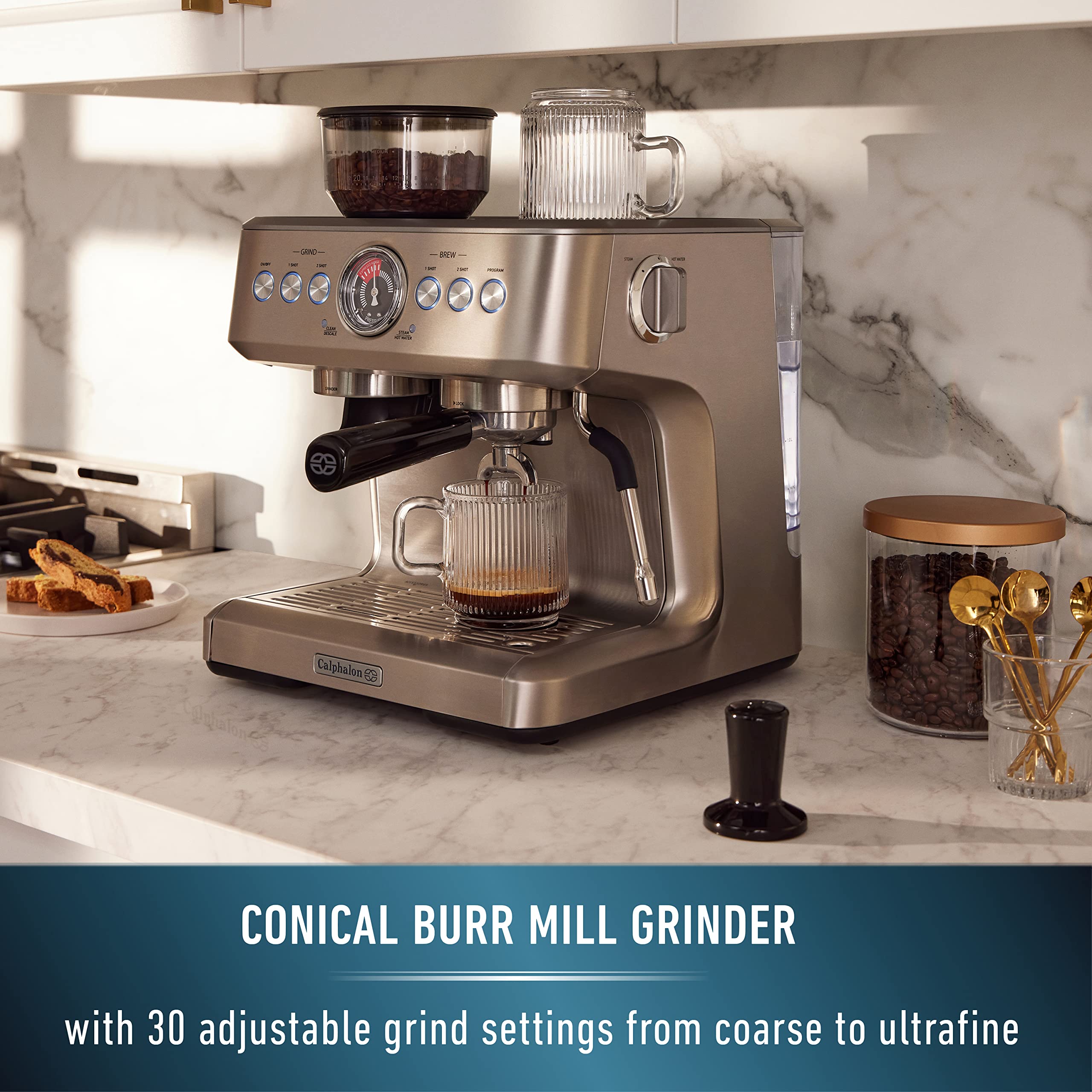 Calphalon Temp iQ Espresso Machine with Grinder, Dual Thermoblock, and Milk Frother, Home Espresso Machine, Stainless Steel