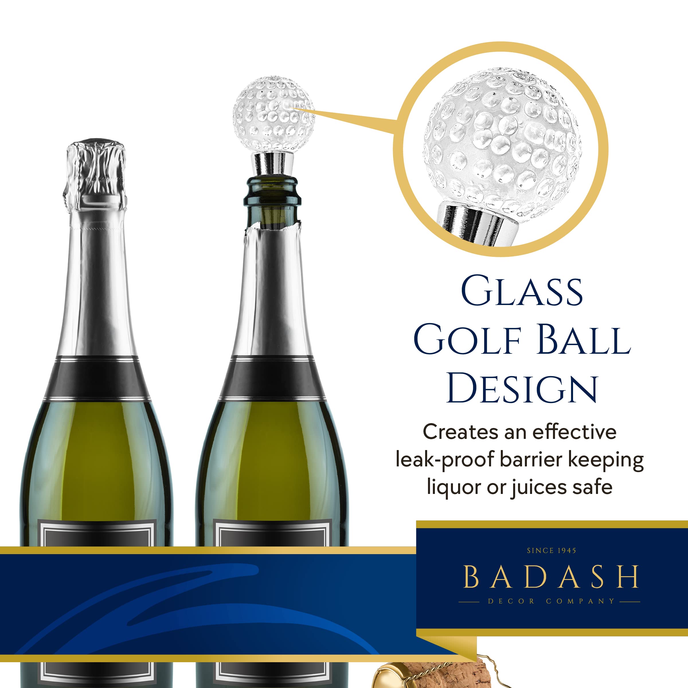 Badash Golf Ball Wine Bottle Stopper - 2" Long Mouth-Blown Lead-Free Clear Glass Stopper - Sparkling Wine Bottle Stopper for Liquor or Wine Glass Bottles