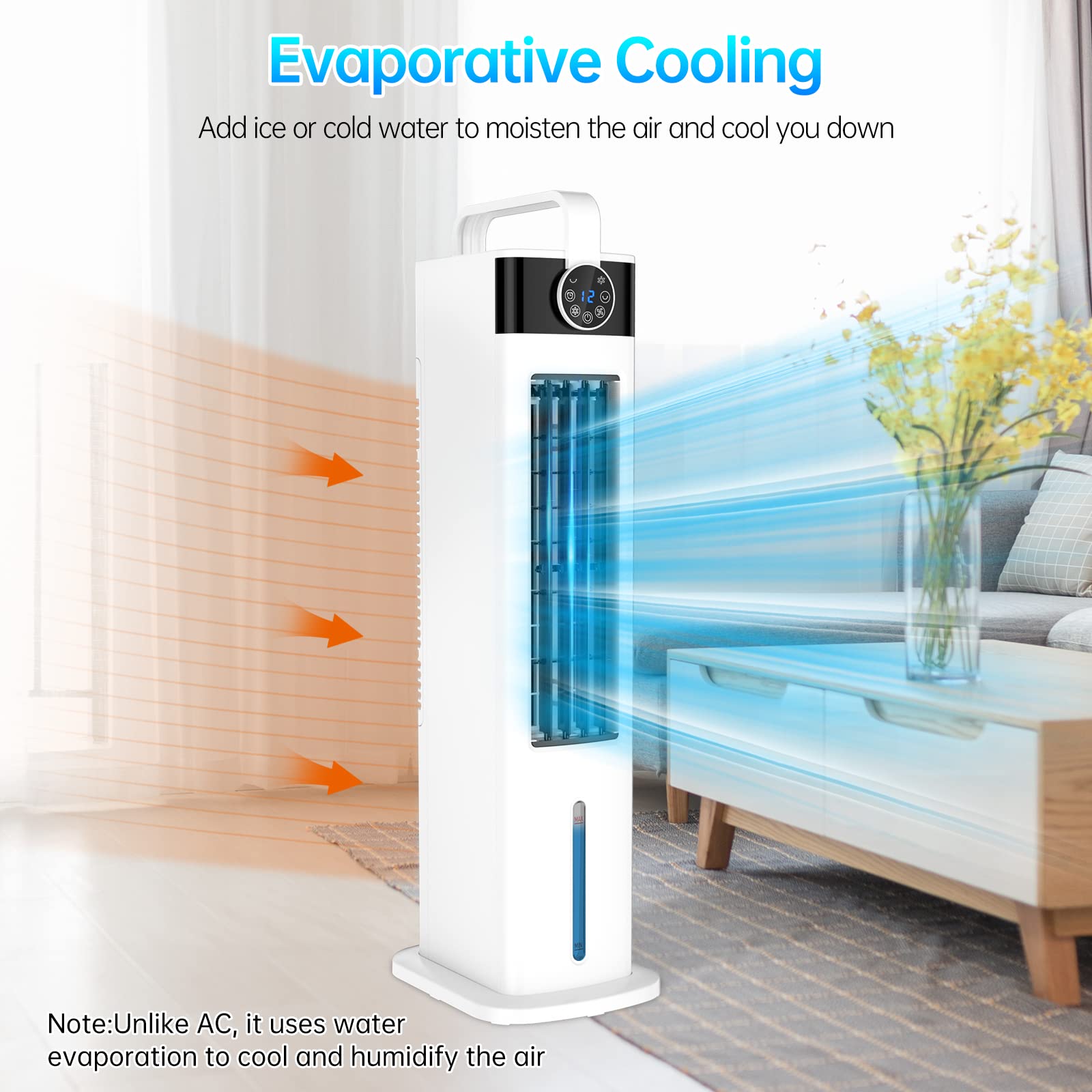 Evaporative Air Cooler, Portable Air Conditioner Fan, 35'' Evaporative Cooler with 3 Speeds & 52°Oscillation, 12-H Timer Remote Control Swamp Cooler w/Cooling Function for Home & Office