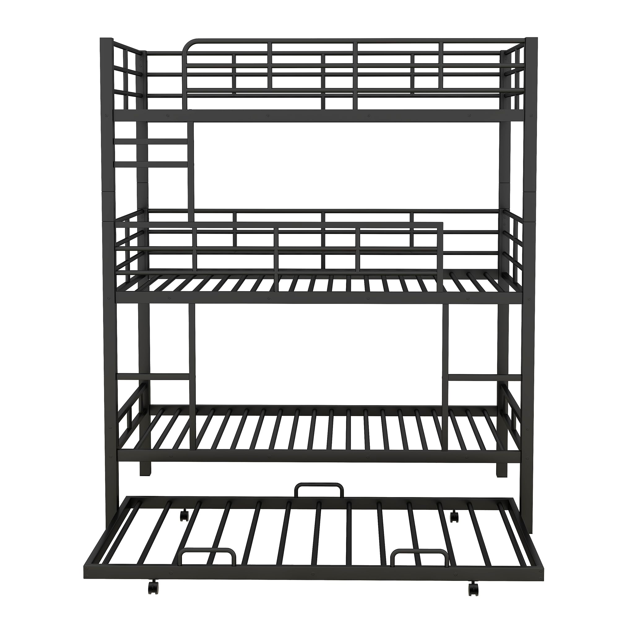 RuiSiSi Triple Twin Metal Bunk Bed with Trundle, 3 Twin Bunk Beds for Kids with Ladder, Can Be Divided Into 2 Beds, Heavy Duty Frame(Black)