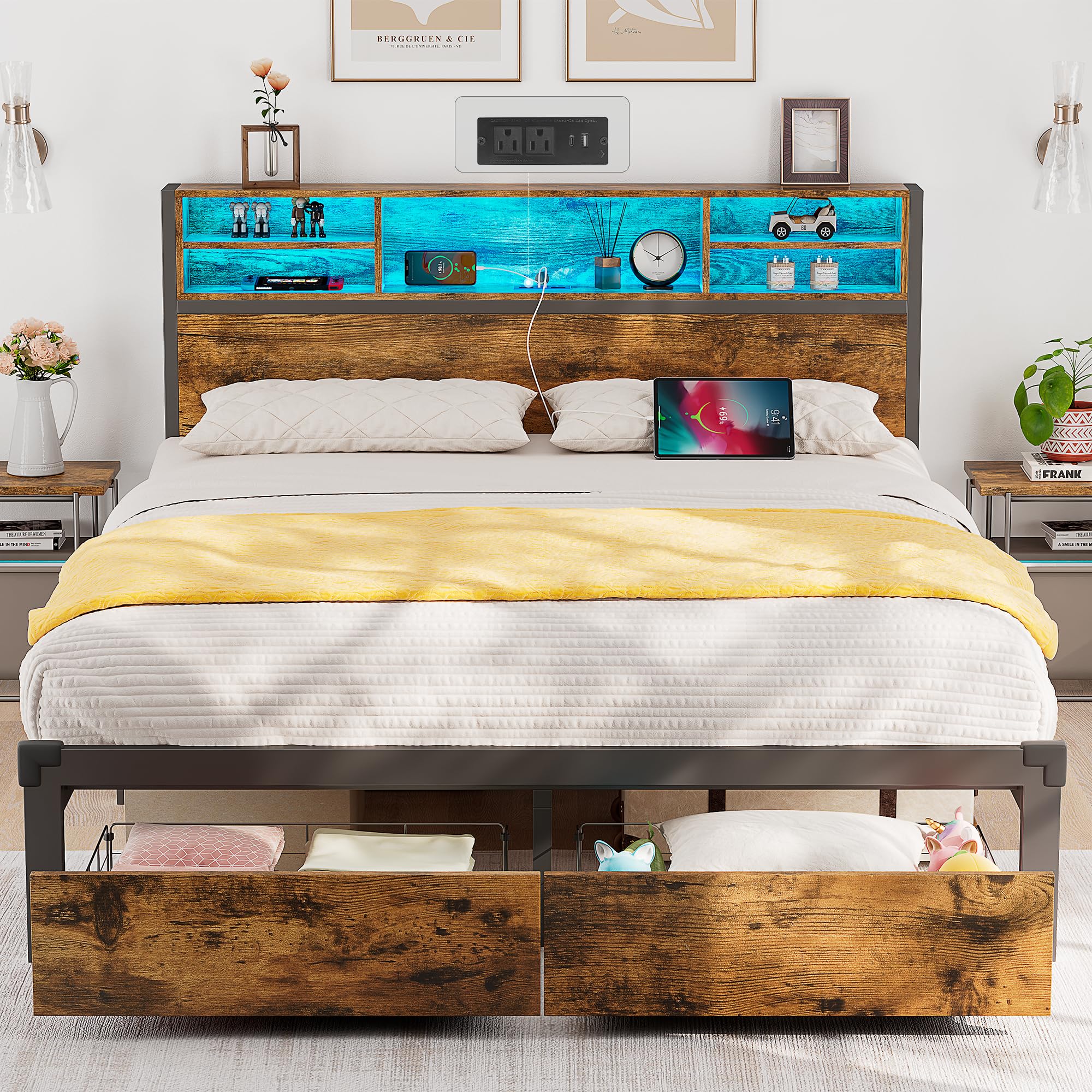 Alohappy Queen Bed Frame with Storage Headboard and Drawers,Metal Platform Bed Frame Queen Size with RGB Led Lights and Charging Station, No Nosie No Box Spring Needed (Queen (U.S. Standard))