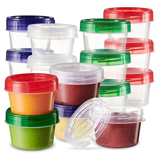 Elegant Disposables Baby Food Storage Containers 24 Pack, 4 ounce Colored Twist on Lids, Plastic, 1/2 Cup Small Freezer Storage Container