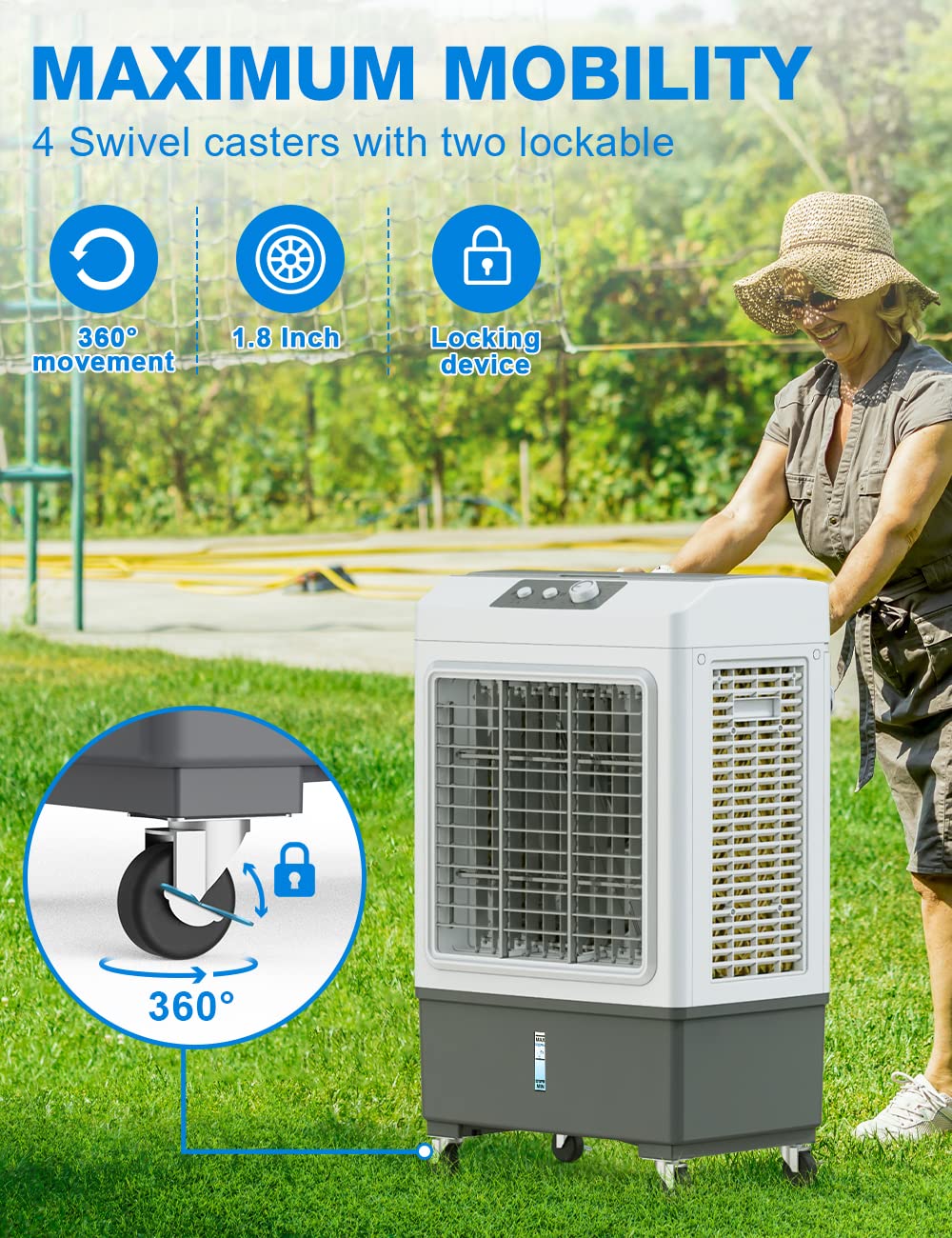 Evaporative Cooler - AOLOS Windowless Air Conditioner w/ 3 Speeds, Swamp Cooler for Cooling Up to 700 Sq.ft, 5 Gallon Tank & 4 Ice Packs, 60° Swing, Evaporative Air Cooler for Backyard Garage Outdoor
