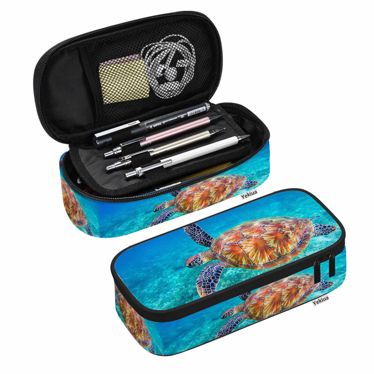Yekiua Sea Turtle Pen Bag Big Green Sea Wildlife Tropical Coral Reef Blue Water Aquatic Large Pencil Case Big Capacity Pencil Pouch Pencil Holder