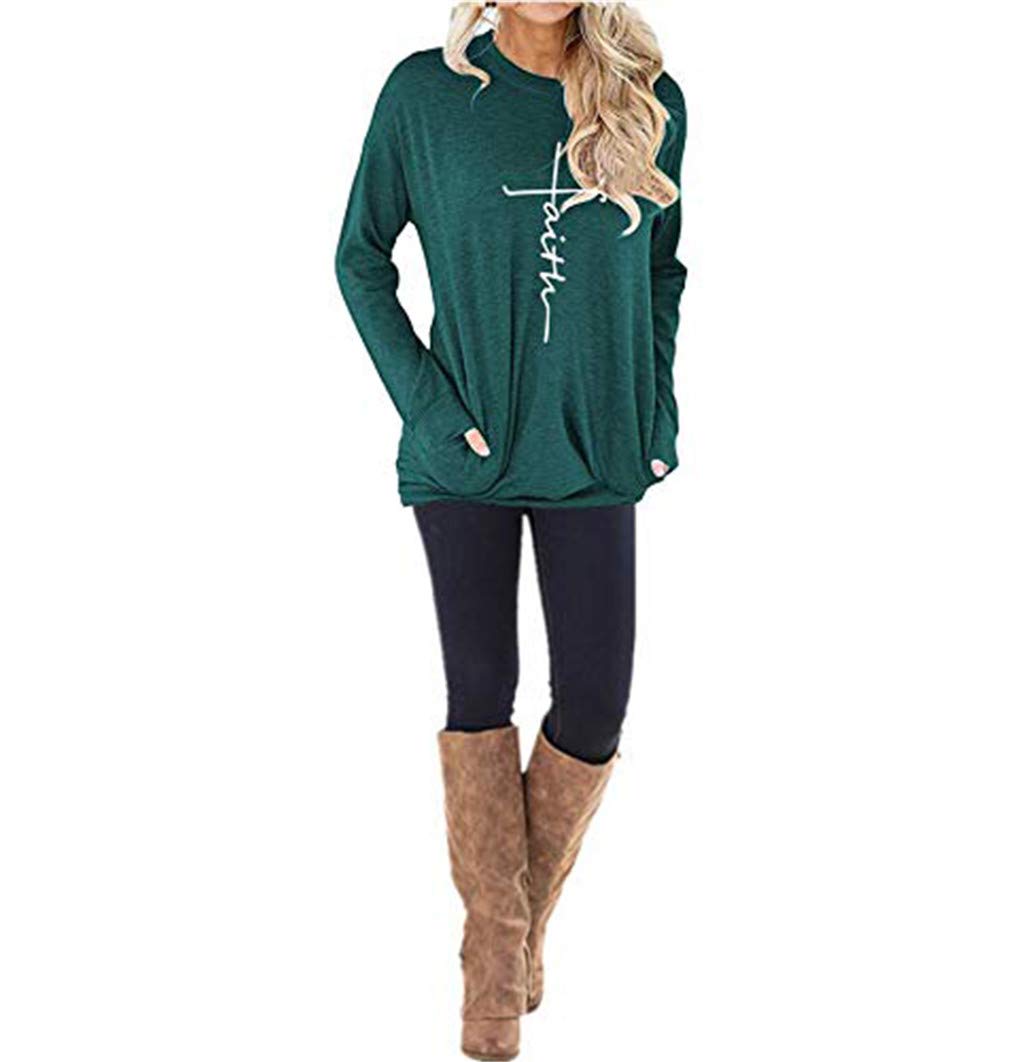 AELSON Women's Casual Faith Printed Round Neck Sweatshirt T-Shirts Tops Blouse with Pocket