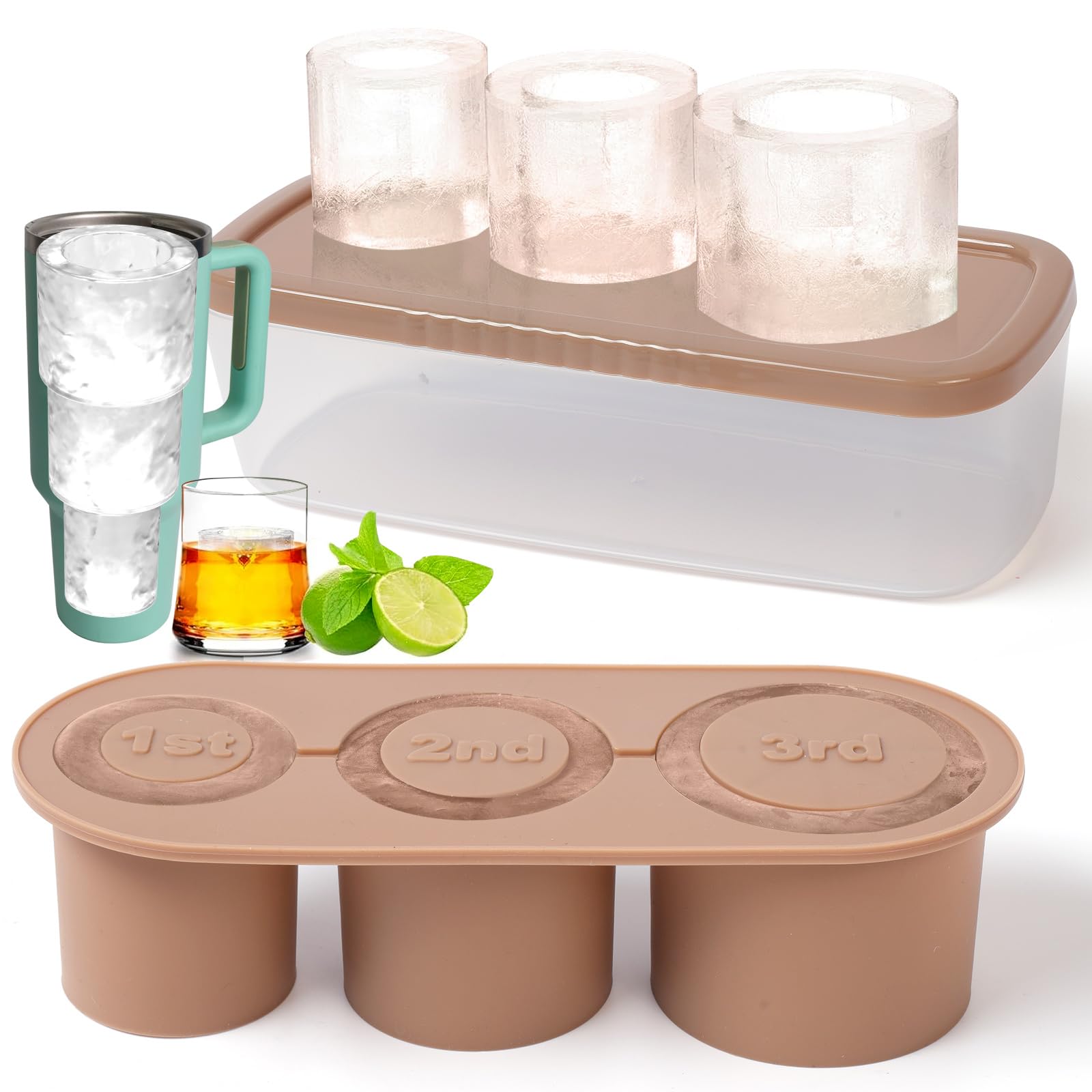 ALOOF Ice Cube Tray with Lid and Bin Compatible with Stanley Cup, 3 Pcs Silicone Ice Cube Hollow Cylinder Molds for Coffee, Juice, Whiskey, Cocktail, for Stanley 40 Oz Cups Accessories (Brown), Green