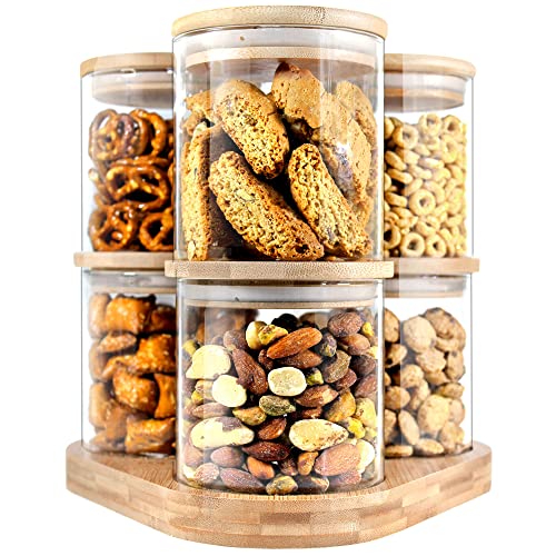 Glass Jars with Bamboo Lids with Bamboo Tray, Glass Food Jars and Canisters Sets (6 of 16oz with Bamboo Tray), Glass Food Storage Containers with Lids, Glass Canisters with Bamboo Lids, Glass Food Jars with Airtight Lids, Glass Pantry Food Storage & Organ