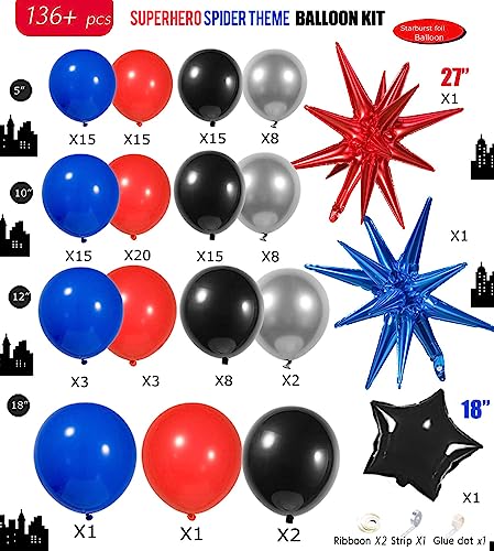Blue Red Black Balloons Garland Arch Kit 130PCS with Large Starburs mylar balloons for Spider Theme kid birthday Party Man Superhero inspired Decortions