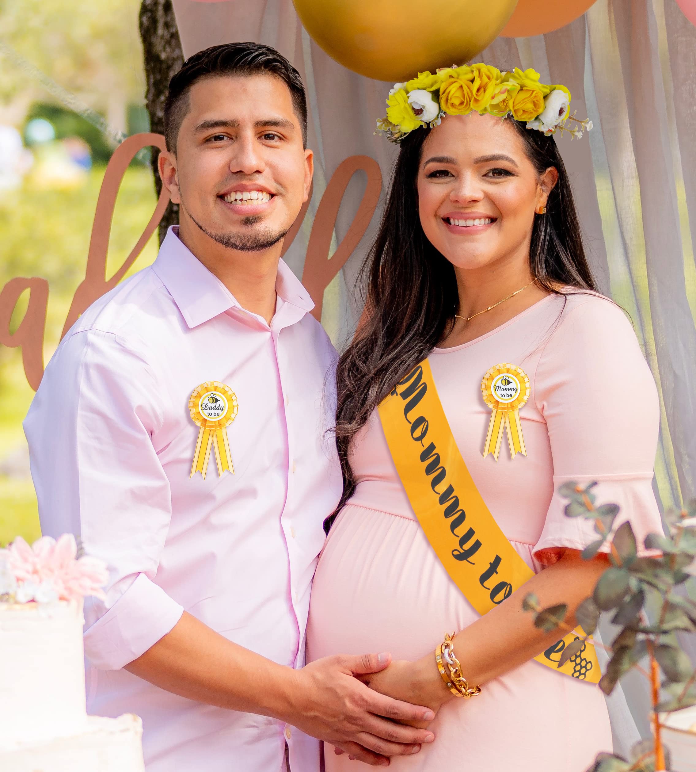 Baby Shower Decoration for Mom To Be and Dad To Be, Yellow Flowers style Tiara + Yellow & Black Sash + Yellow & White "Daddy to be" pin, Maternity Gift for Her and Him