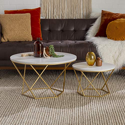 Walker Edison Modern Round Nesting Coffee Table Living Room Accent Ottoman Storage Shelf, Set Of 2, Marble and Gold