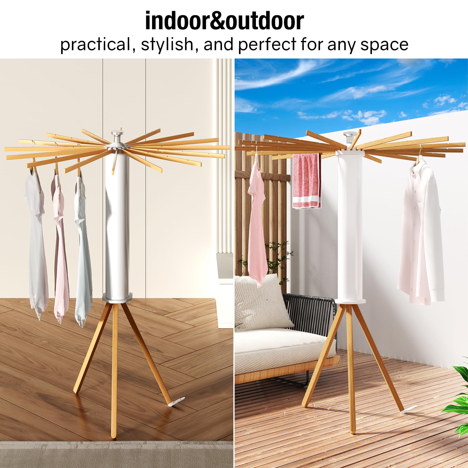 kenvc Tripod Clothes Drying Rack, Folding Space Saving Compact Laundry Drying Rack-16 Rotatable Arms for Hanger, Diameter 3.6FT, 3 Legs for Indoor Outdoor Apartment Balcony (Wood)
