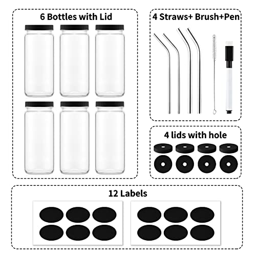 Glass Juice Bottles for Juicing, Airtight Lids & 4 Straws & 4 Lids w Hole, 16 oz Jars with Lids, Reusable Travel Water Cups, 12 Labels for Smoothies, Tea, Milk, Homemade Beverage (6 Pack, Black Lids)