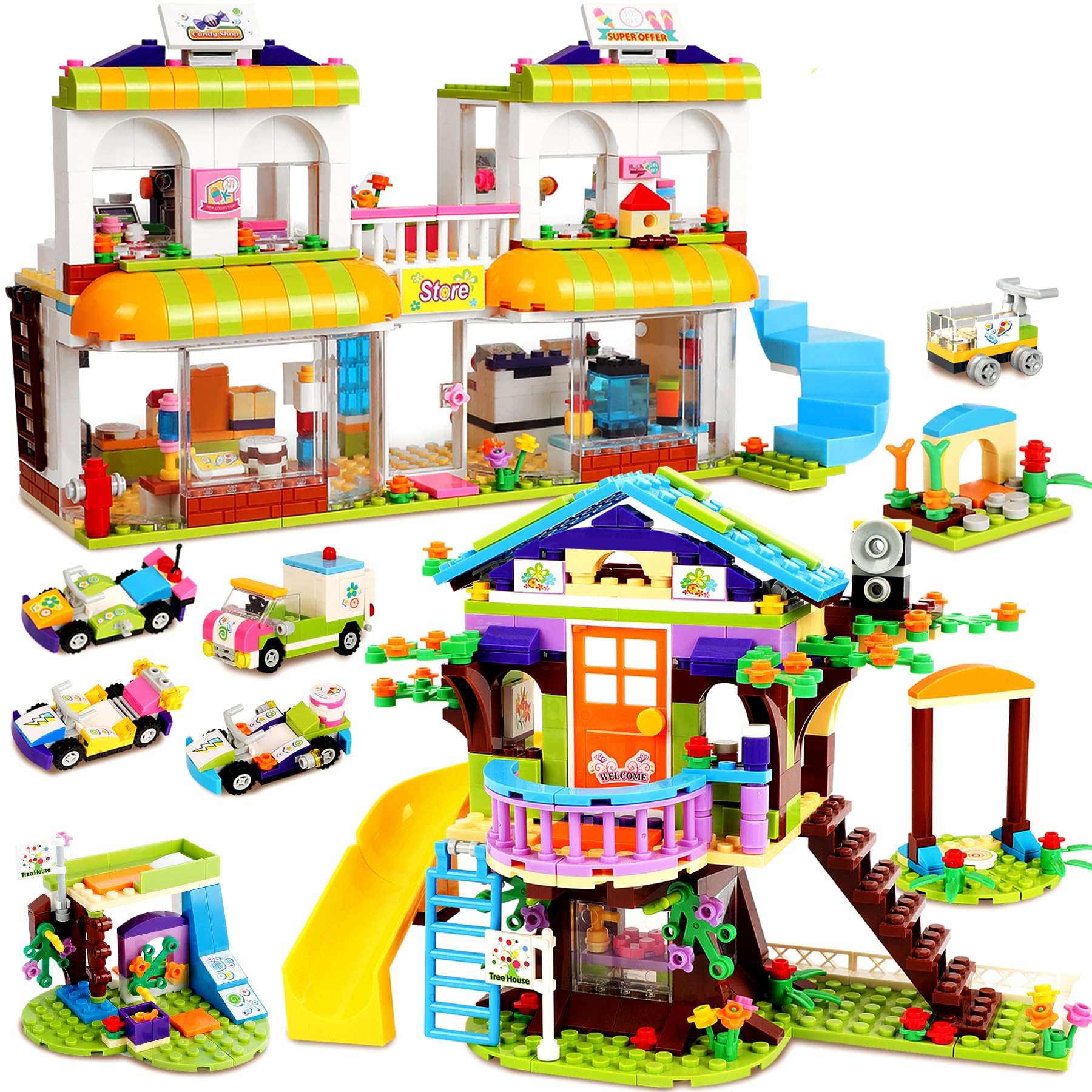 Friends Tree House&Friends Mall Building Blocks Sets for Girls 6-12, 1195 Pieces Friends Supermarket Tree House Building Kit with Storage Box, Friends Grocery Store Tree House Building Set for Gifts