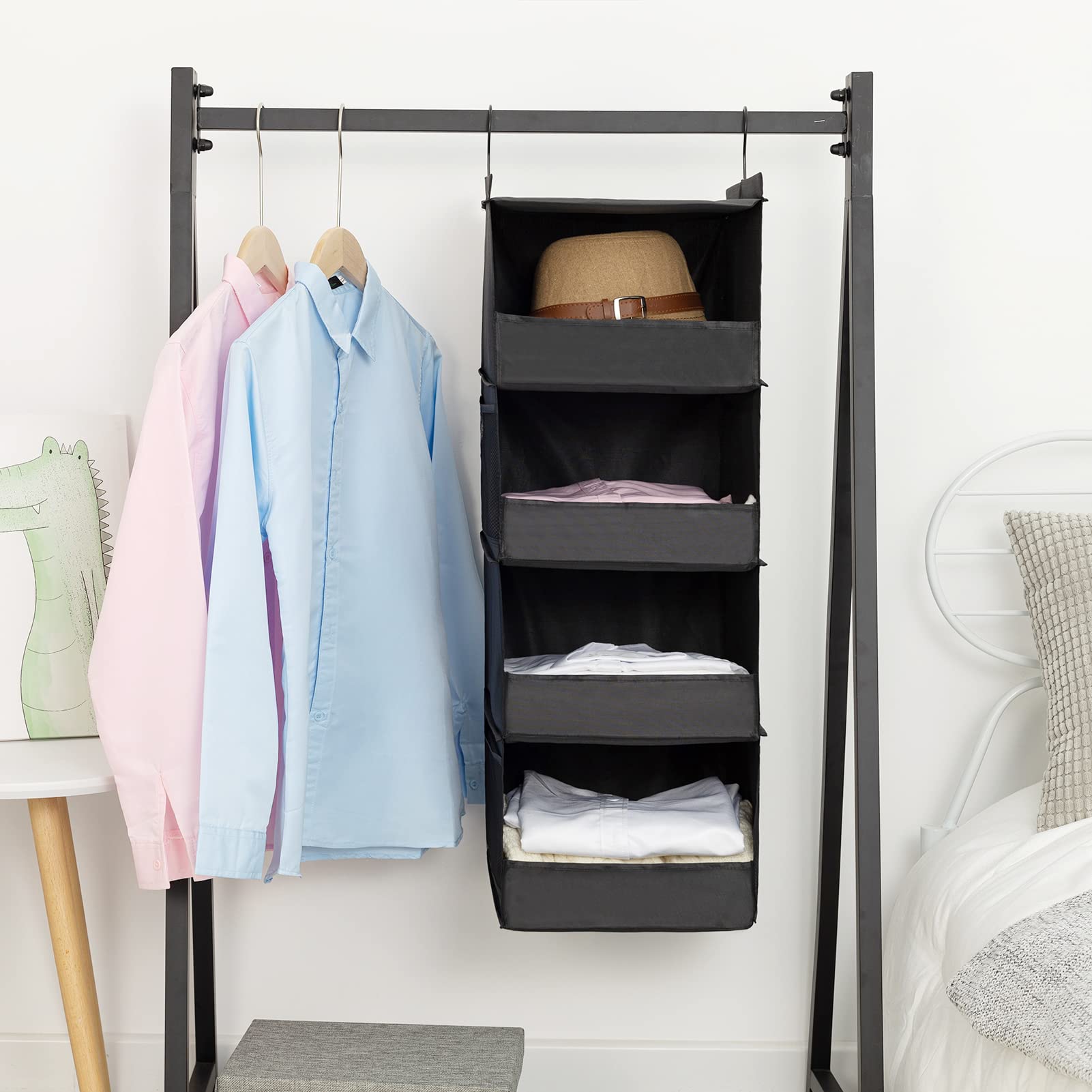 DonYeco 4-Shelf Hanging Closet Organizers and Storage, Collapsible Closet Storage Organizer with 4 Side-Pockets, for RV Wardrobe Camp, Hanging Organizer for Shoes Toys Baby Clothes