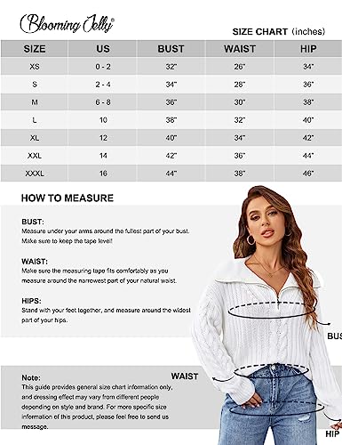 Blooming Jelly Women's Sweater Long Sleeve Quarter Zip Pullover Casual Loose Fit Cable Knit Tops(M,White)