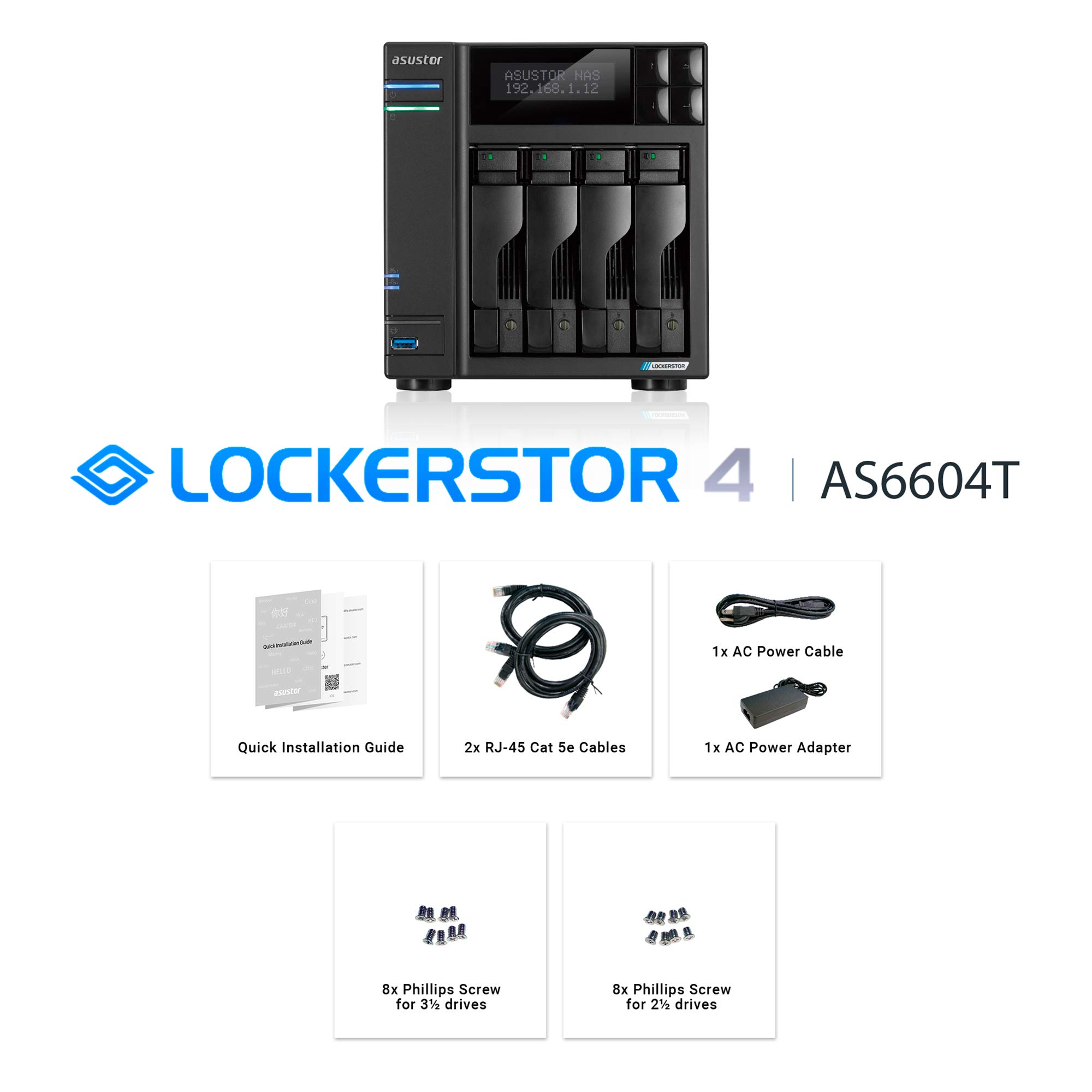 Asustor Lockerstor 4 AS6604T - 4 Bay NAS, Quad-Core 2.0GHz CPU, 2 2.5GbE Ports, 4GB RAM DDR4, 2 M.2 SSD Slots, Network Attached Storage (Diskless)