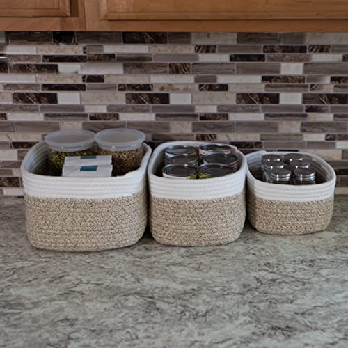 Home-Complete 3-Piece Set Small, Medium, and Large Rope Baskets for Makeup, Towel, Nursery, Office and Classroom Storage, White and Natural