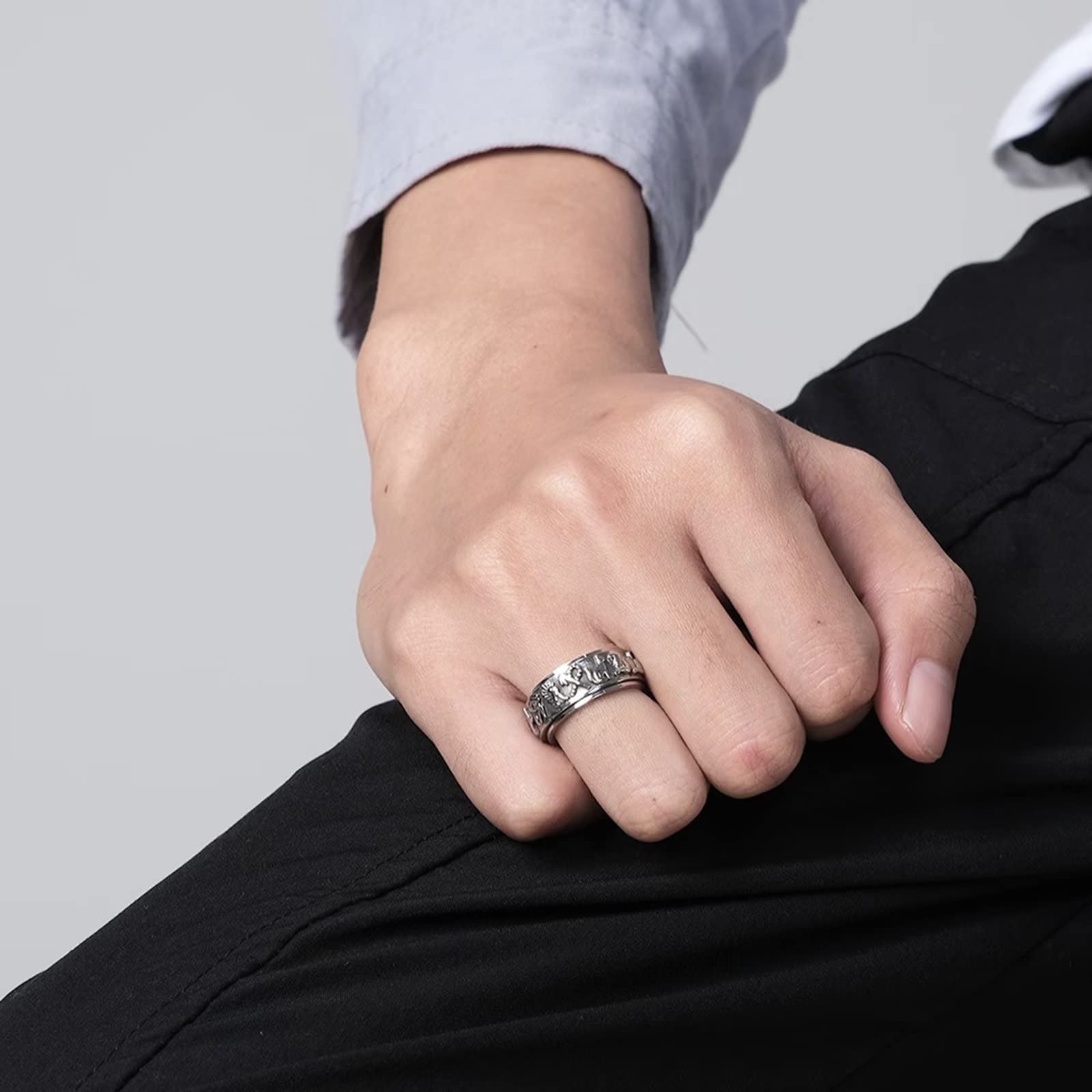 8mm Vintage Egyptian Spinner Rings with Symbol Totem Retro Stainless Steel Gothic Punk Personalized Rapper Biker Animal Pattern Spins Ring Jewelry for Mens Women Boys Teens