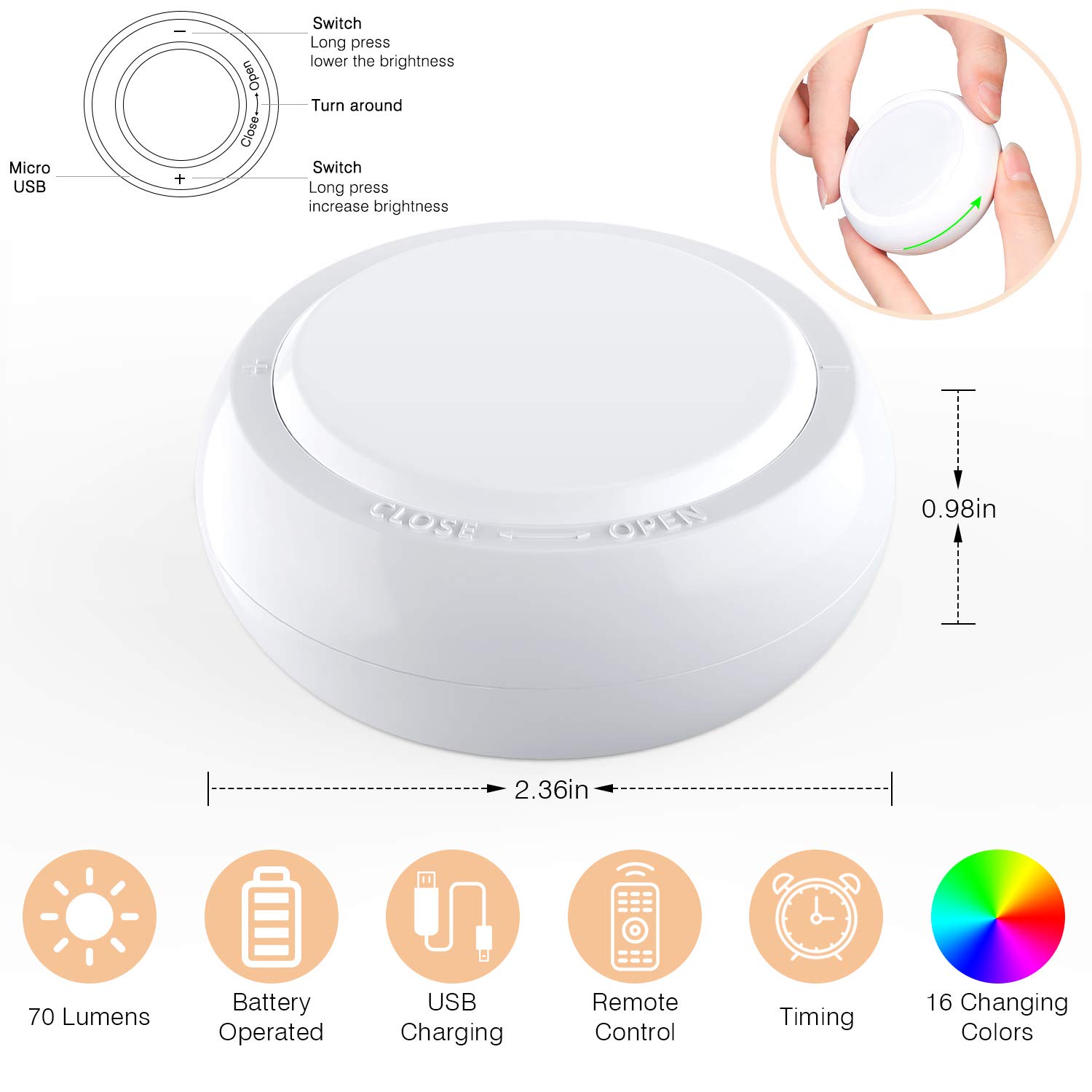 AISITIN Puck Lights Battery Operated Lights with Remote Control, 8 Pack Closet Lights Under Cabinet Light 16 Colors 3 Modes (6000K/4000K/RGB), LED Closet Light with 2 USB Cables