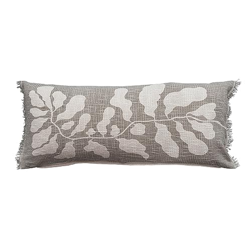Bloomingville Cotton Botanical Print and Fringe, Grey Lumbar Pillow, Tan