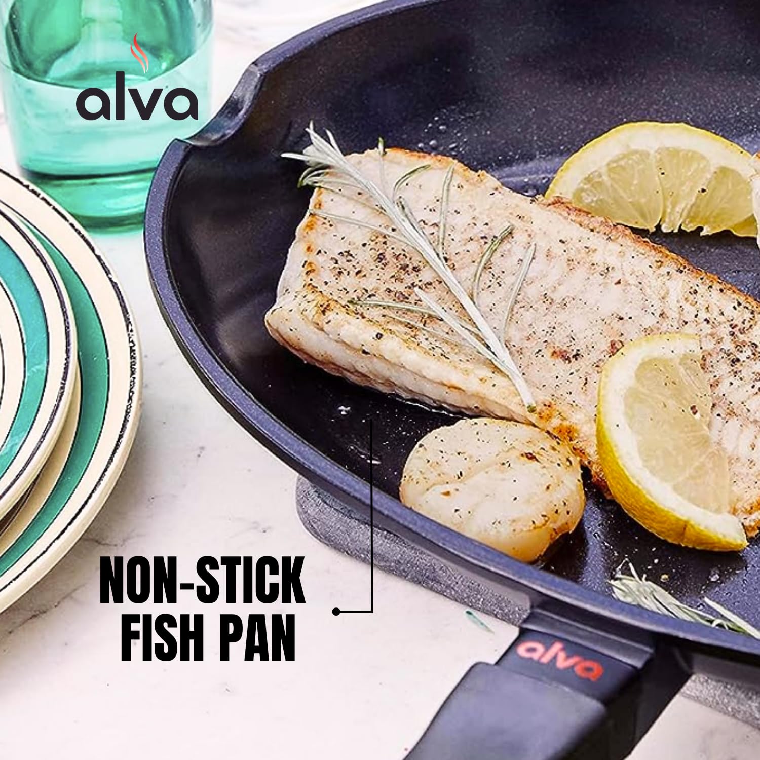 ALVA Energy Non Stick Fish Pan 13.4" Skillet, Oval Shaped Non Stick Frying Pan with Pour Spouts, Cast Aluminium Nonstick Fry Pan for Stove Top, Induction Compatible Cookware