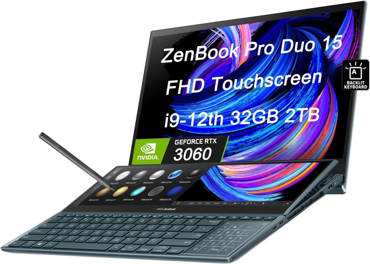 ASUS ZenBook Pro Duo 15 UX582 15.6" FHD OLED Touchscreen (Intel 14-Core i9-12900H, 32GB DDR5 RAM, 2TB SSD, GeForce RTX 3060) Business Laptop, ScreenPad Plus, Type-C, Backlit, Pen, Win 11 Pro, Blue