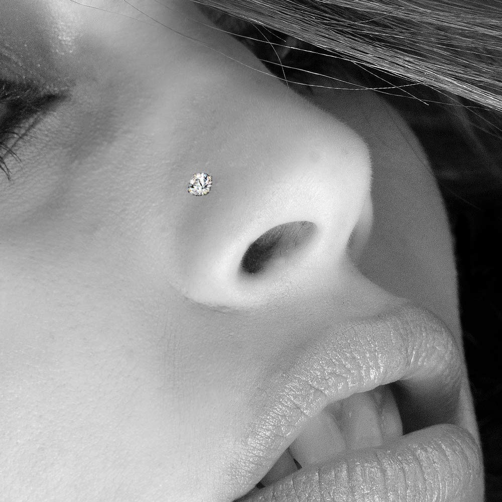 9 Karat Yellow Gold Claw Set 1.5MM Round Genuine Crystal Stone 22 Gauge L Shape Nose Stud Piercing Jewelry