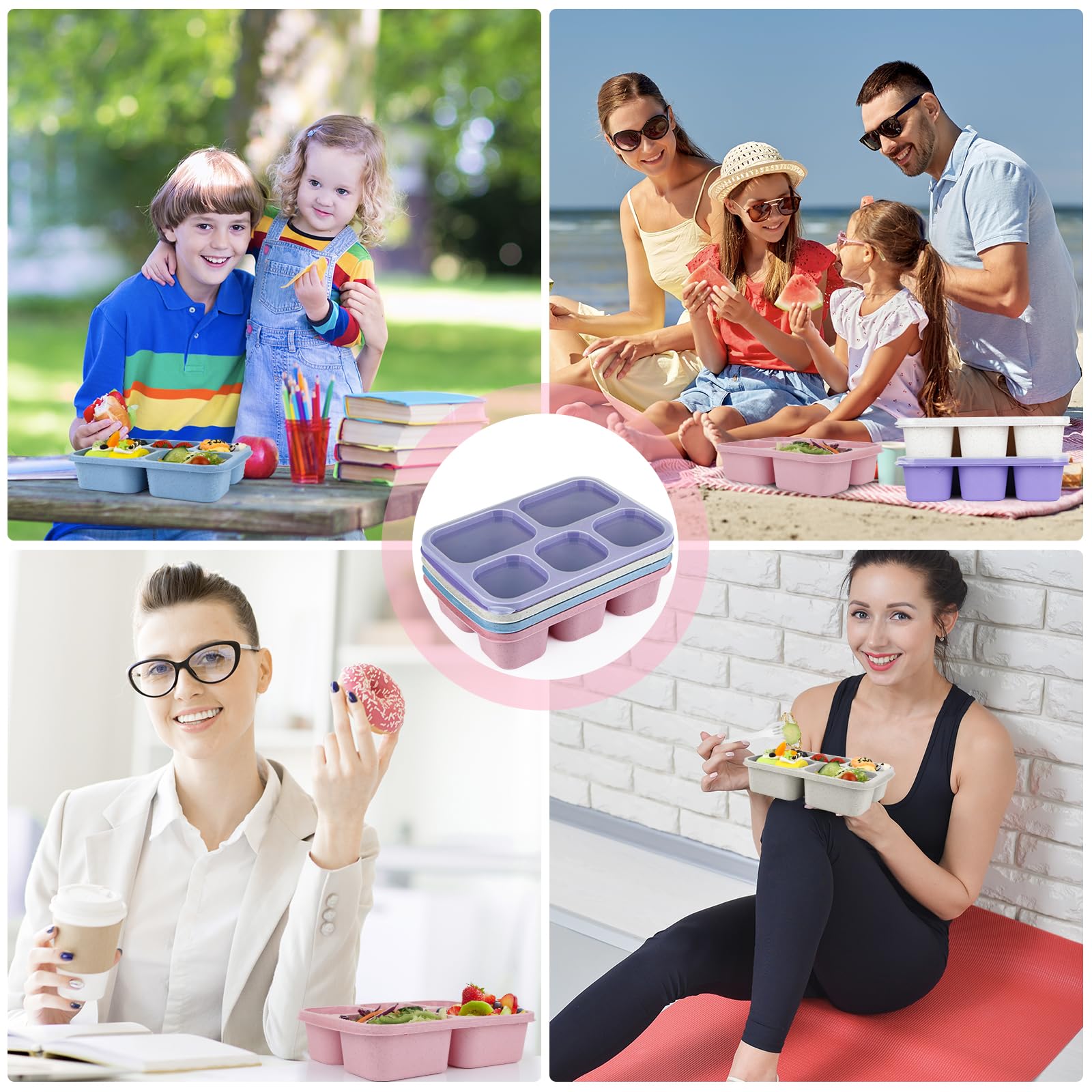 MaMix Bento Box Adult Lunch Box, 5 Compartment Bento Box for Adults 4 Pack, Reusable Stackable Snack Containers for Kids Adults with Utensils, for School, Work, and Travel (Wheat)