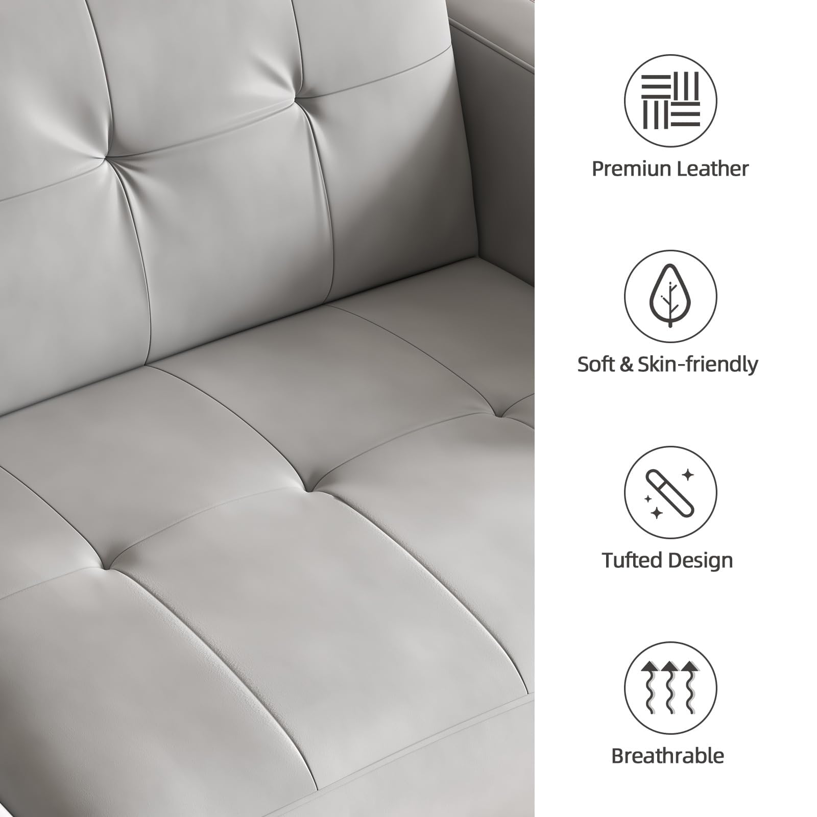EBELLO Faux Leather Futon Sofa Couch Bed Solid Wood Legs, Convertible Sleeper Sofa Small Loveseat for Small Space Apartment, Bedroom, Living Room, Light Gray