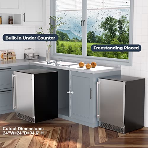 COTLIN 24 Inch Built-in Outdoor Refrigerator, 5.4 Cu.Ft Undercounter Beverage Fridge, 175 Cans Freestanding Stainless Steel Refrigerator for Residential Home Bar Commercial Use, ETL, Silver