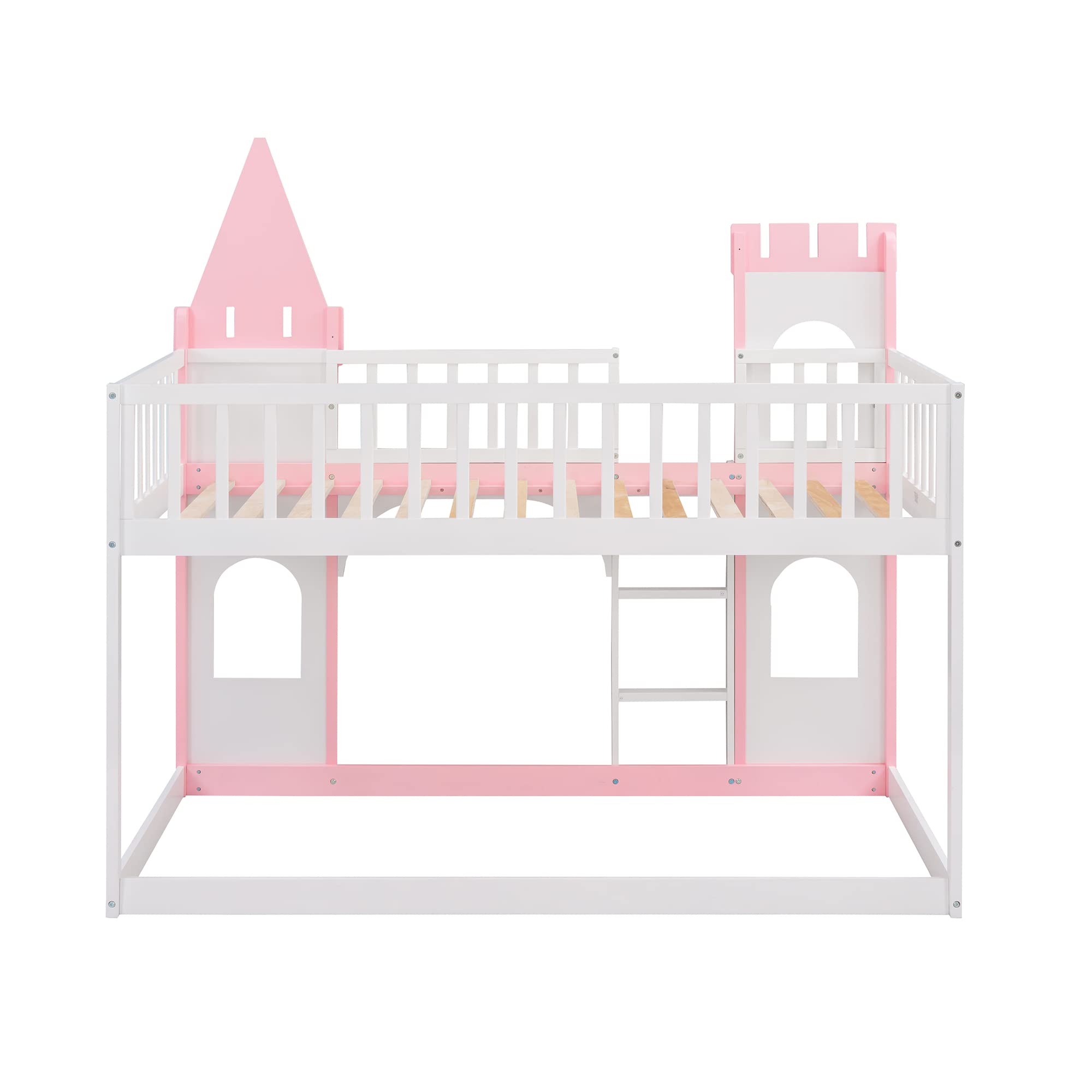 Harper & Bright Designs Twin Over Twin Kids Bunk Bed, Twin Loft Bed with Castle Shape Design, Wooden Floor Bunk Beds for Girls Boys Bedroom Dorm, Pink