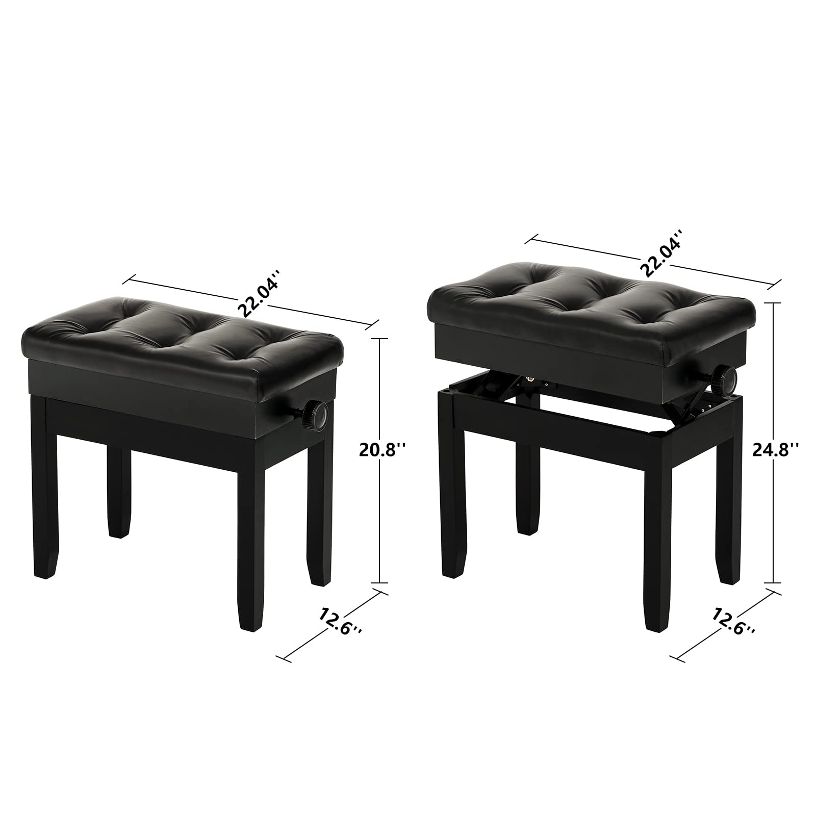 Iwell Piano Bench, Adjustable Piano Bench with Padded Cushion and Storage Compartment for Music Sheet, Music Bench, Piano Stool, Vanity Chair, Black