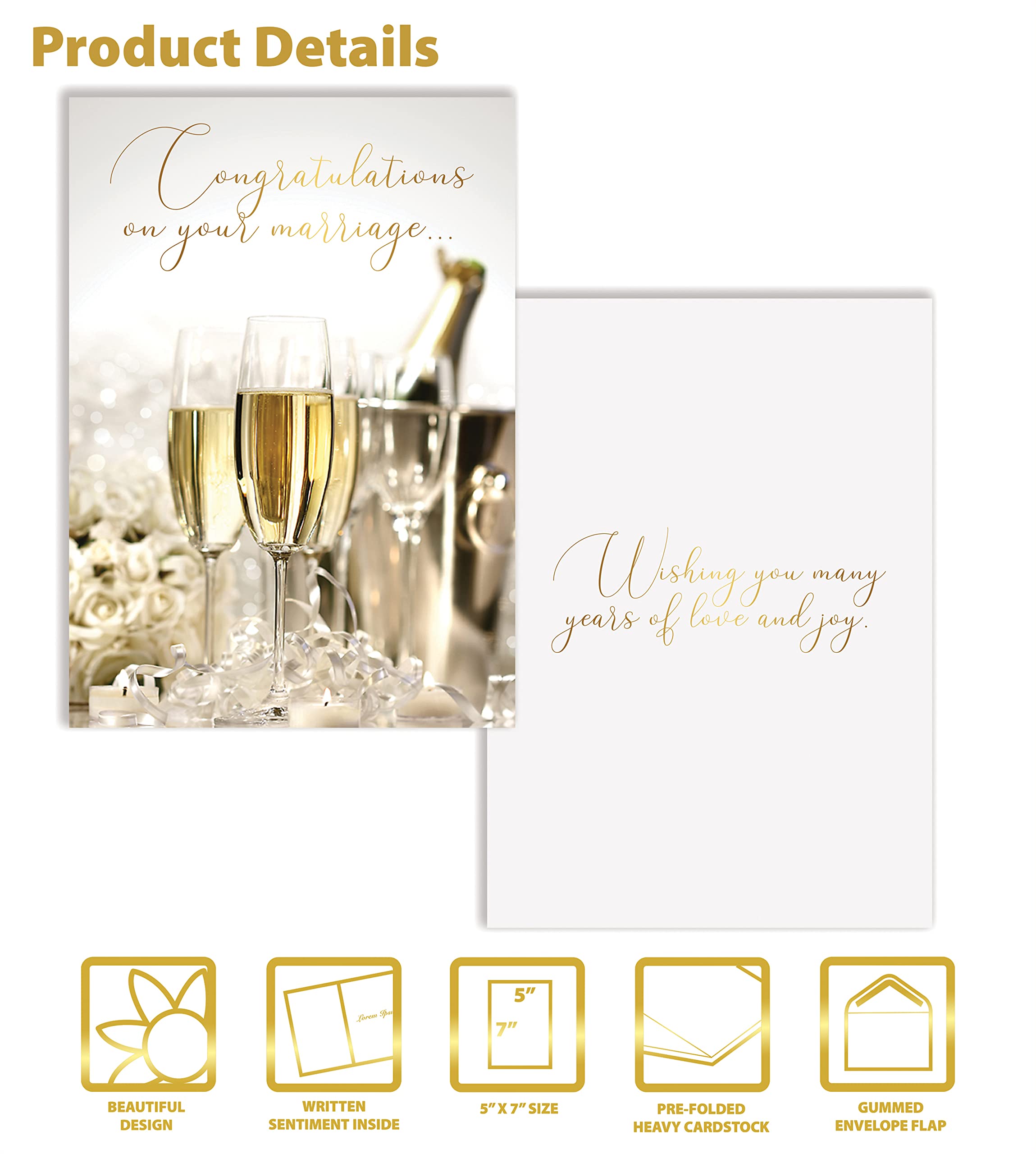 Better Office Products Wedding Congratulations Card with Metallic Gold Foil and Gold Shimmer Envelope, Classic 5 x 7 Inch Size, Heavy Cardstock, High Gloss Finish