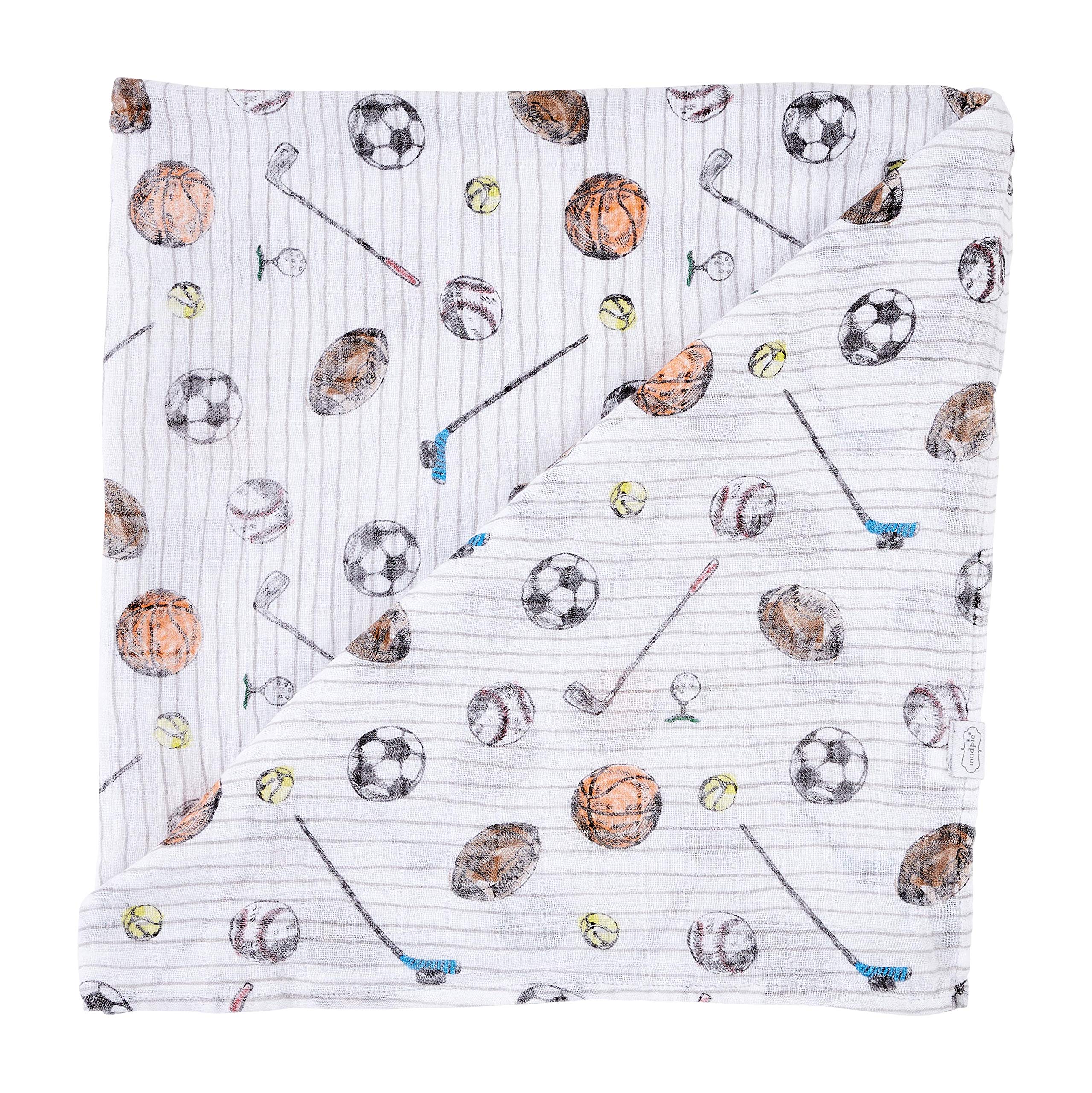 Mud Pie Cotton Muslin Baby Swaddle, Sports Print, 47"x47" Featuring Football, Baseball, Basketball, Golf, Hockey, and Tennis