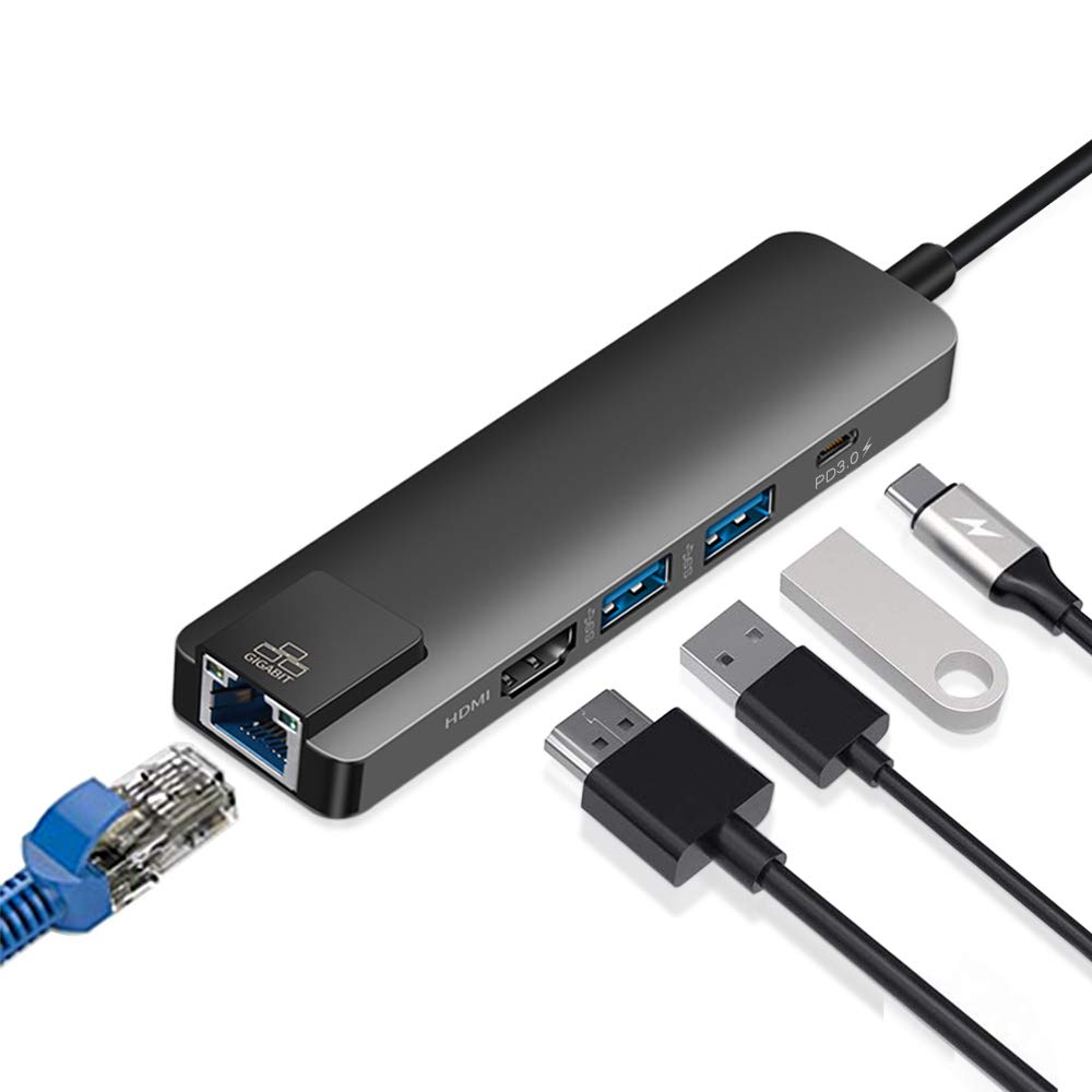 USB C Hub, USB C to Ethernet HDMI USB Adapter with 1000Mbps Ethernet Port, 4K HDMI, 2 USB 3.0 and USB 3.1 Charging Ports, Compatible with MacBook/Pro/Air, Android Phone, Laptops, Tablet and etc