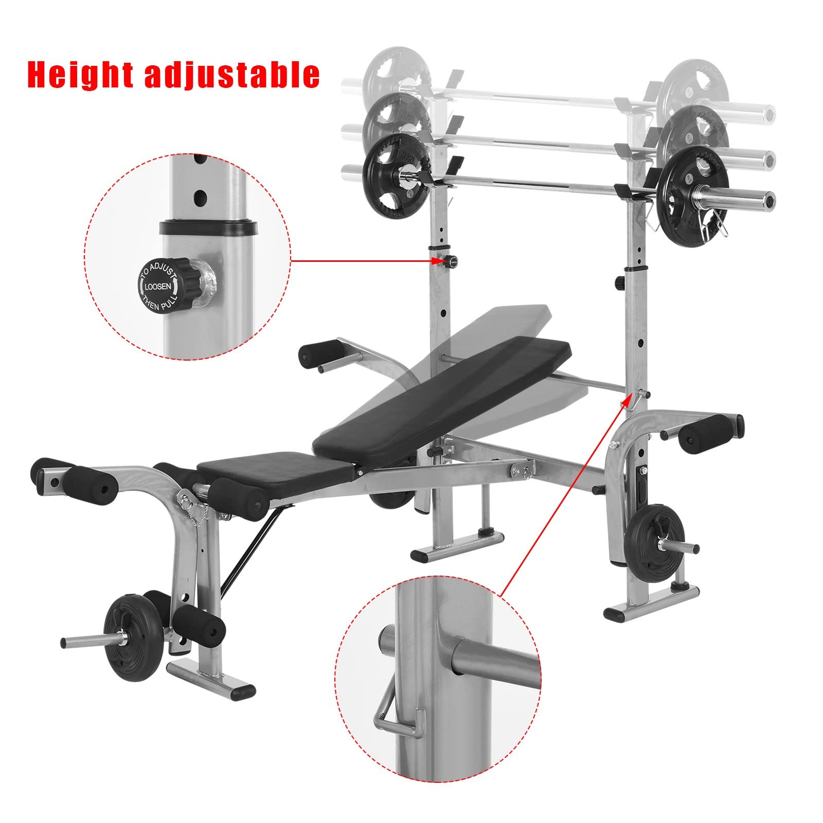 Adjustable Olympic Weight Bench with Squat Rack, Barbell Dumbbell Weightlifting Bed Leg Extension and Curl, Press Bench Rack Set, Home Gym Workout Fitness Exercise Strength Training Equipment