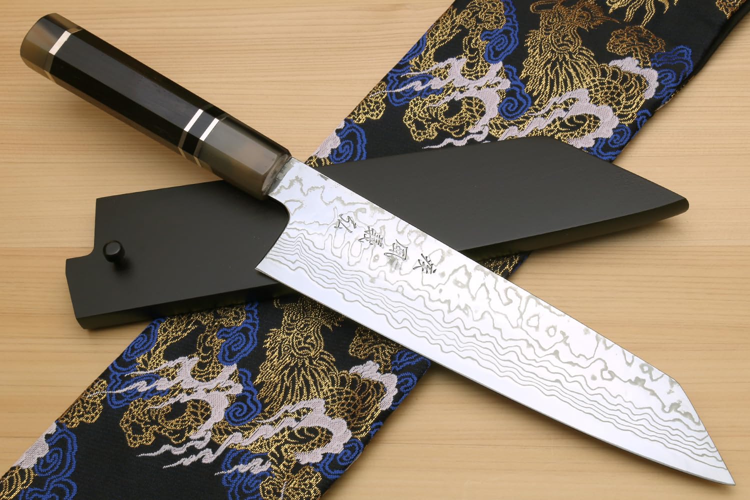 Yoshihiro Hayate ZDP189 Suminagashi Super High Carbon Stainless Steel Kiritsuke Knife Octagonal Ebony Wood Handle with Triple Ring (8.25" (210mm))