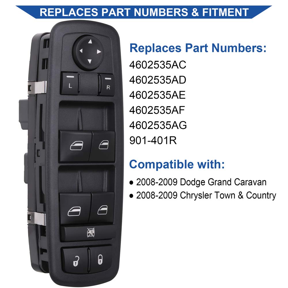 AiYiGu Master Power Window Switch (3 Pins + 0 Pin) Compatible with 2008 2009 Chrysler Town & Country/Dodge Grand Caravan, Replaces 4602535AG 4602535AC 4602535AD, No Auto,Front Driver Side
