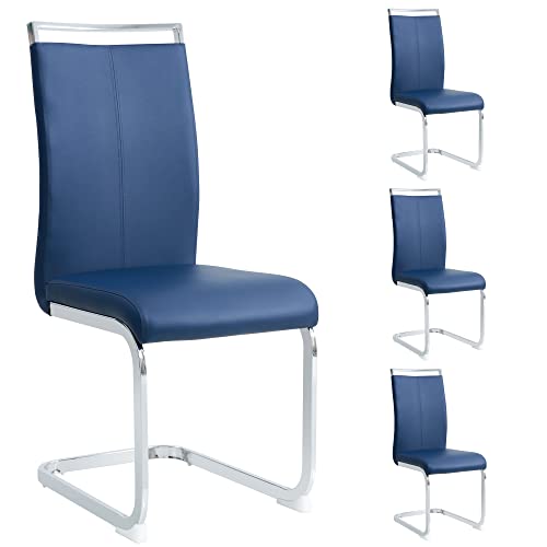 AZmac Modern Leather Dining Chairs Set of 4,Armless Kitchen Chairs,Dining Room Chairs with Upholstered Padded Seat and Sturdy Chrome Legs for Dining Room,Kitchen (Set of 4, Blue+PU Leather)