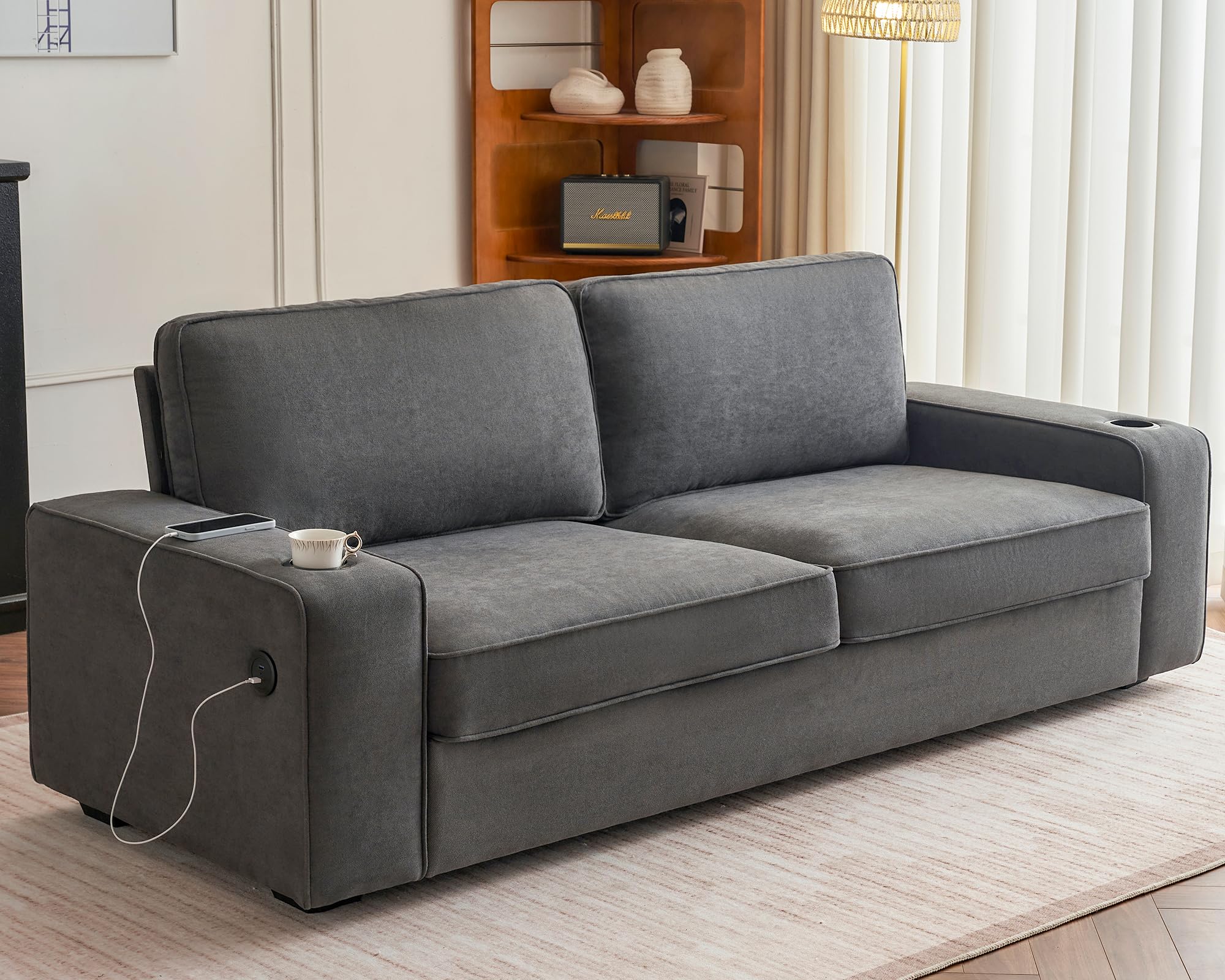 AMERLIFE 89 inch Couch, 3-Seater Sofa Couch- Deep Seat Sofa with 2 USB Charging Ports & 2 Cup Holders, Modern Sofas for Living Room, Charcoal Grey Chenille