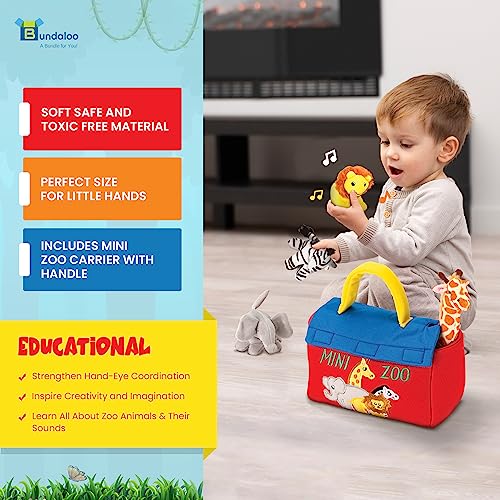 Bundaloo Plush Mini Zoo Playset - Giraffe, Elephant, Lion, Zebra - Interactive Animals, Carrier with Velcro Closure, Natural Sound Effects for Babies and Toddlers