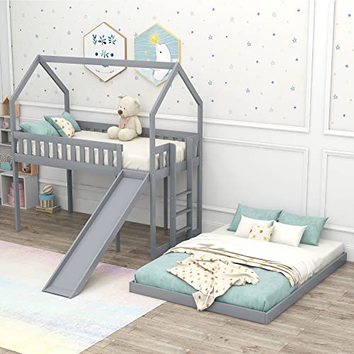 GLORHOME Twin Over Full House Bunk Bed, Detachable to Floor Bedframe and A Loftbed, with Slide, Built-in Ladder,Full-Length Guardrail for Kids Adults,Roof can be Decorated