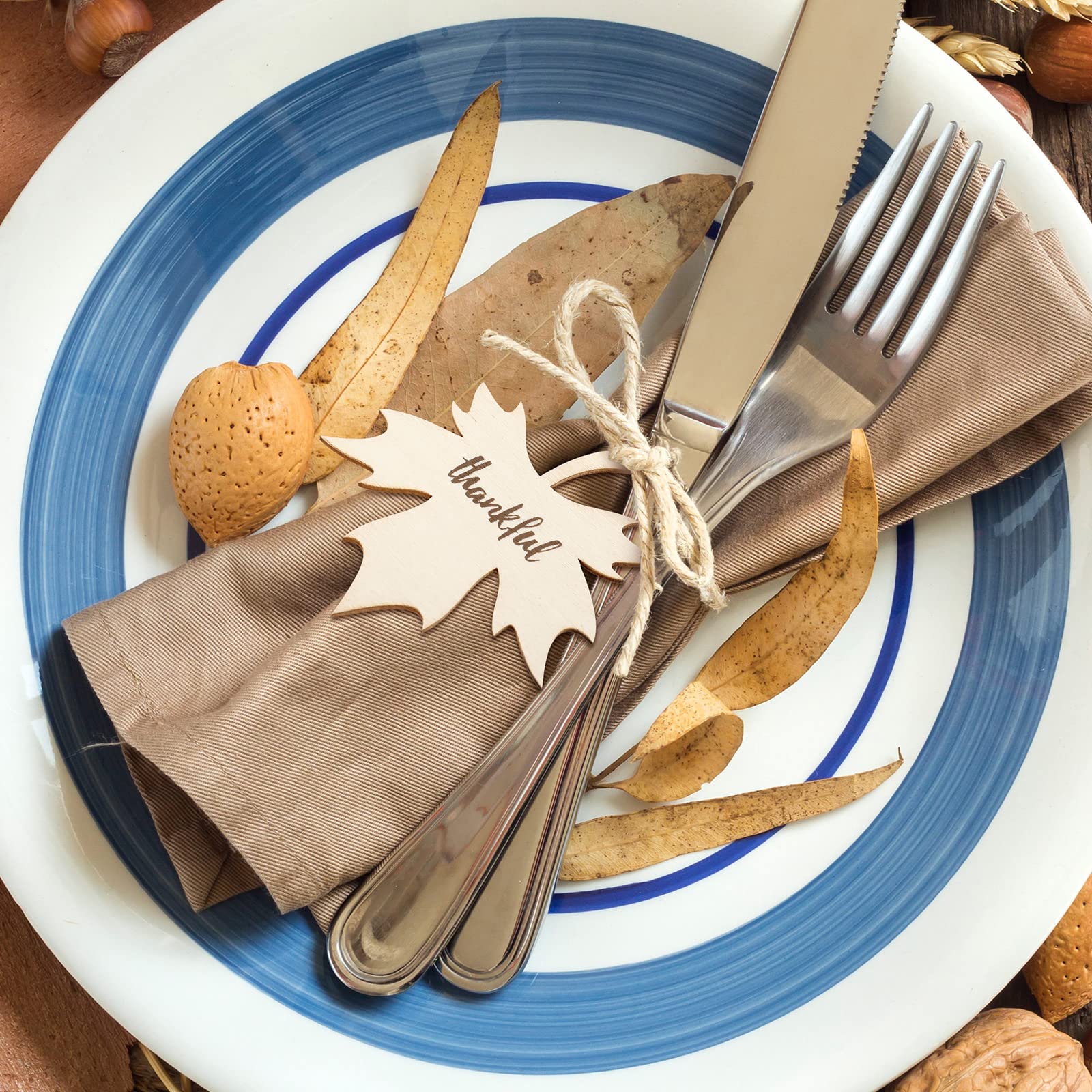 Bucherry 12 Pieces Fall Thanksgiving Place Cutout Thankful Grateful Blessed Place Cards Thankful Rustic Wooden Sign Hanging Ornament Table Setting Decorations