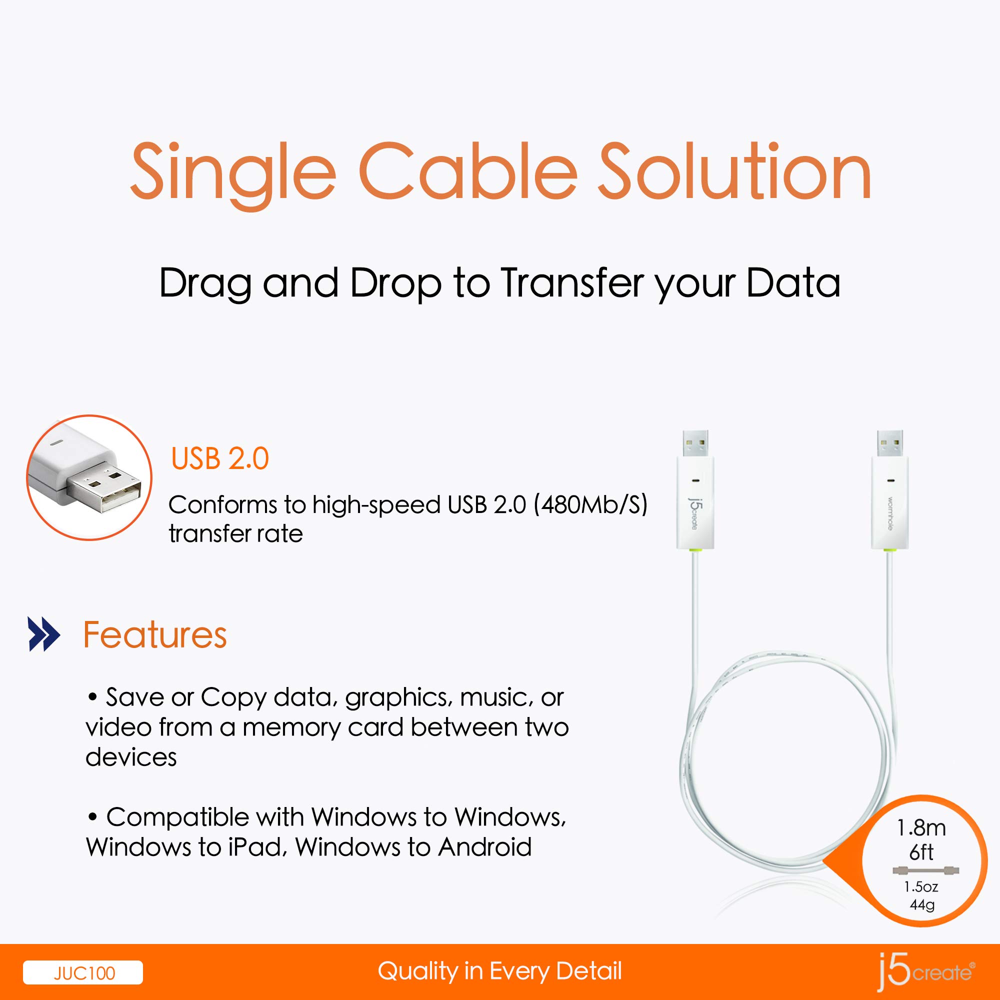 j5create JUC100 Data, Keyboard, and Mouse Sharing/Transfer USB Cable [ Wormhole Switch Windows to Windows ] Transfer Data Between 2 Windows PC