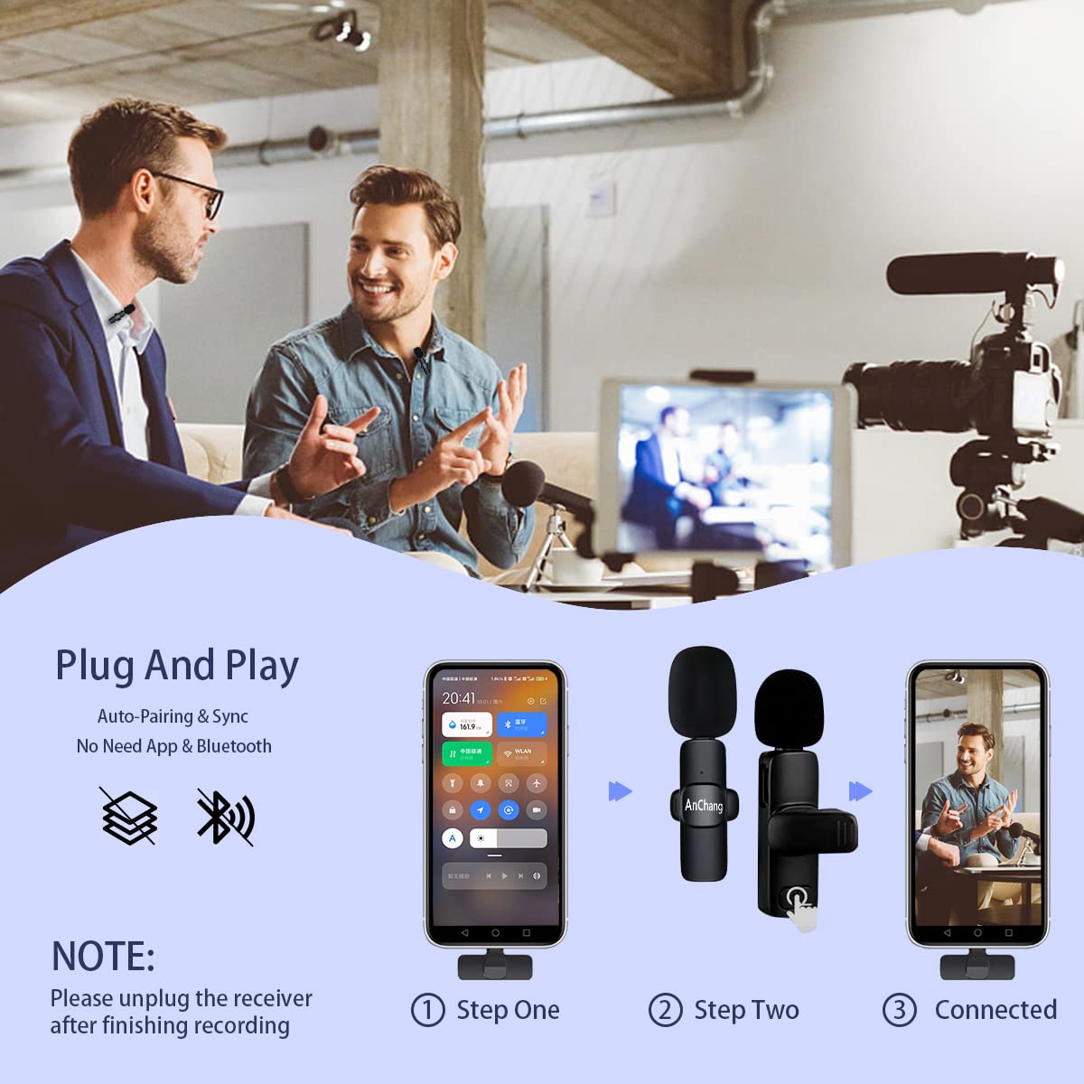 AnChang 2 Pack Wireless Lavalier Microphone for iPhone Wireless Microphones Plug-Play Lapel Mic Built-in Noise Reduction Chip Mini Microphone for Video Recording, Live Stream, Vlog, YouTube, TikTok