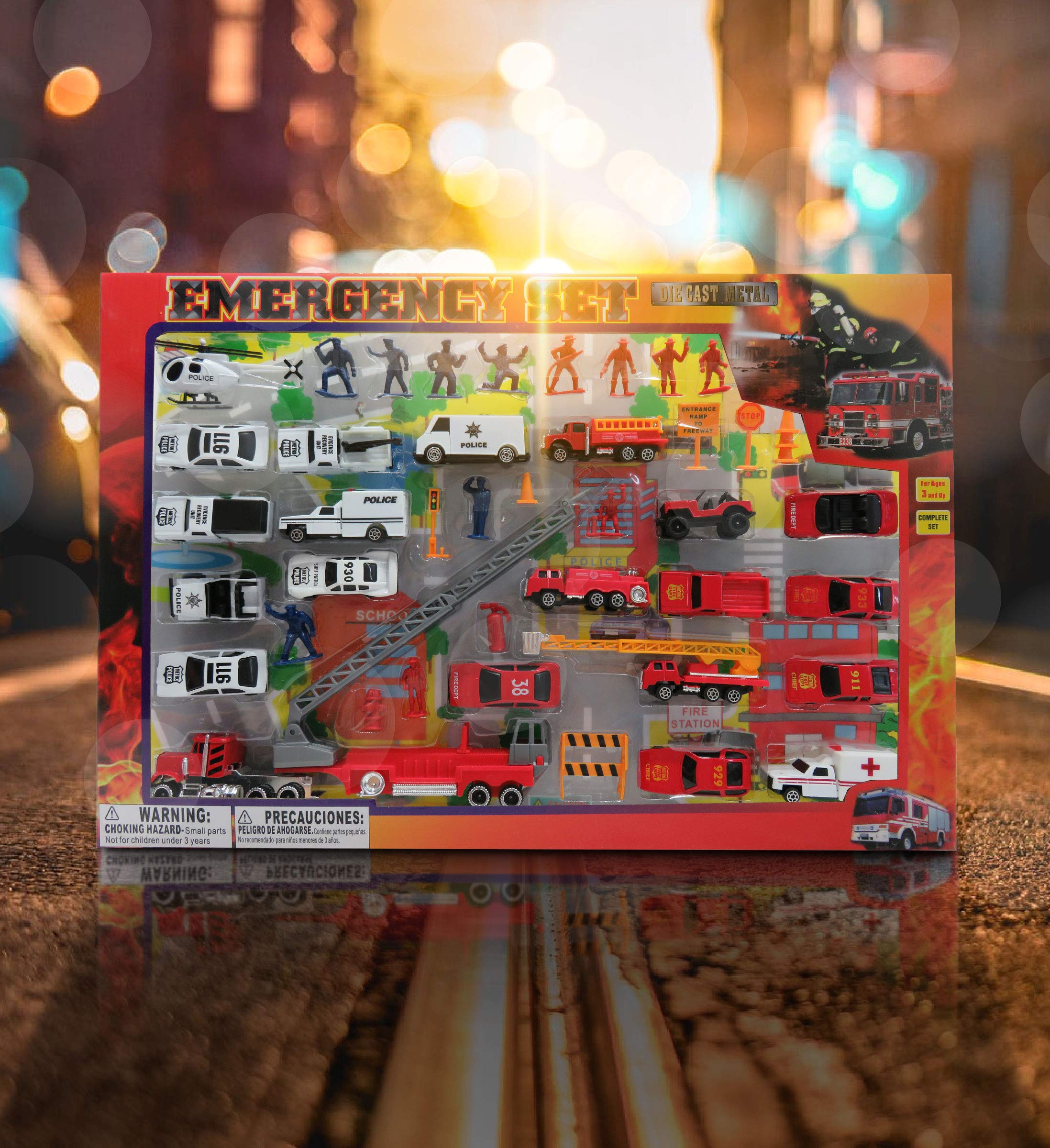Diecast Police and Rescue Emergency Crew With Play Mat, 46 Pcs Toy Playset Emergency Vehicle Theme